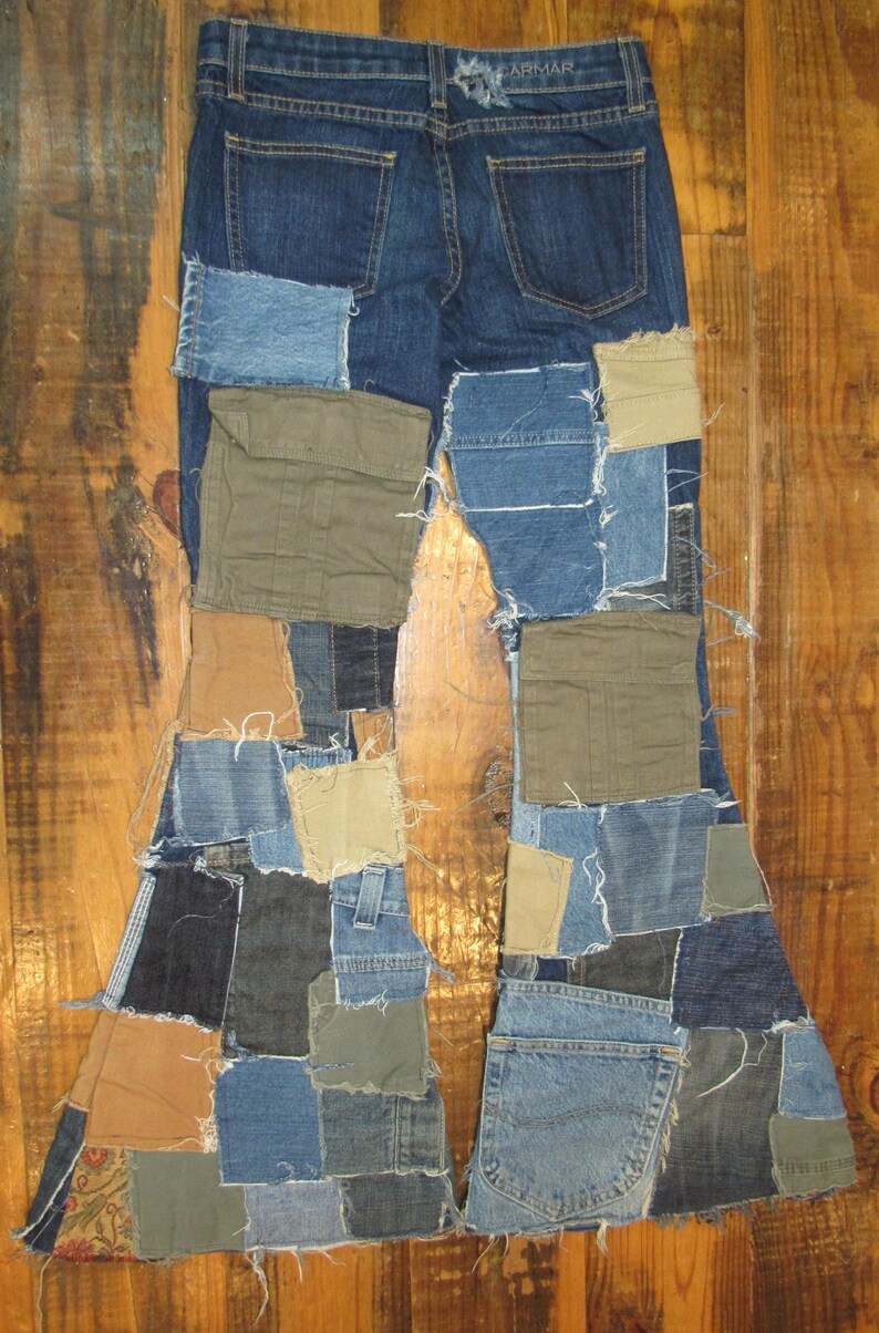 Y2K Carmar Wide Flare Handmade Patchwork Jeans Bell Bottoms 27" Waist ...