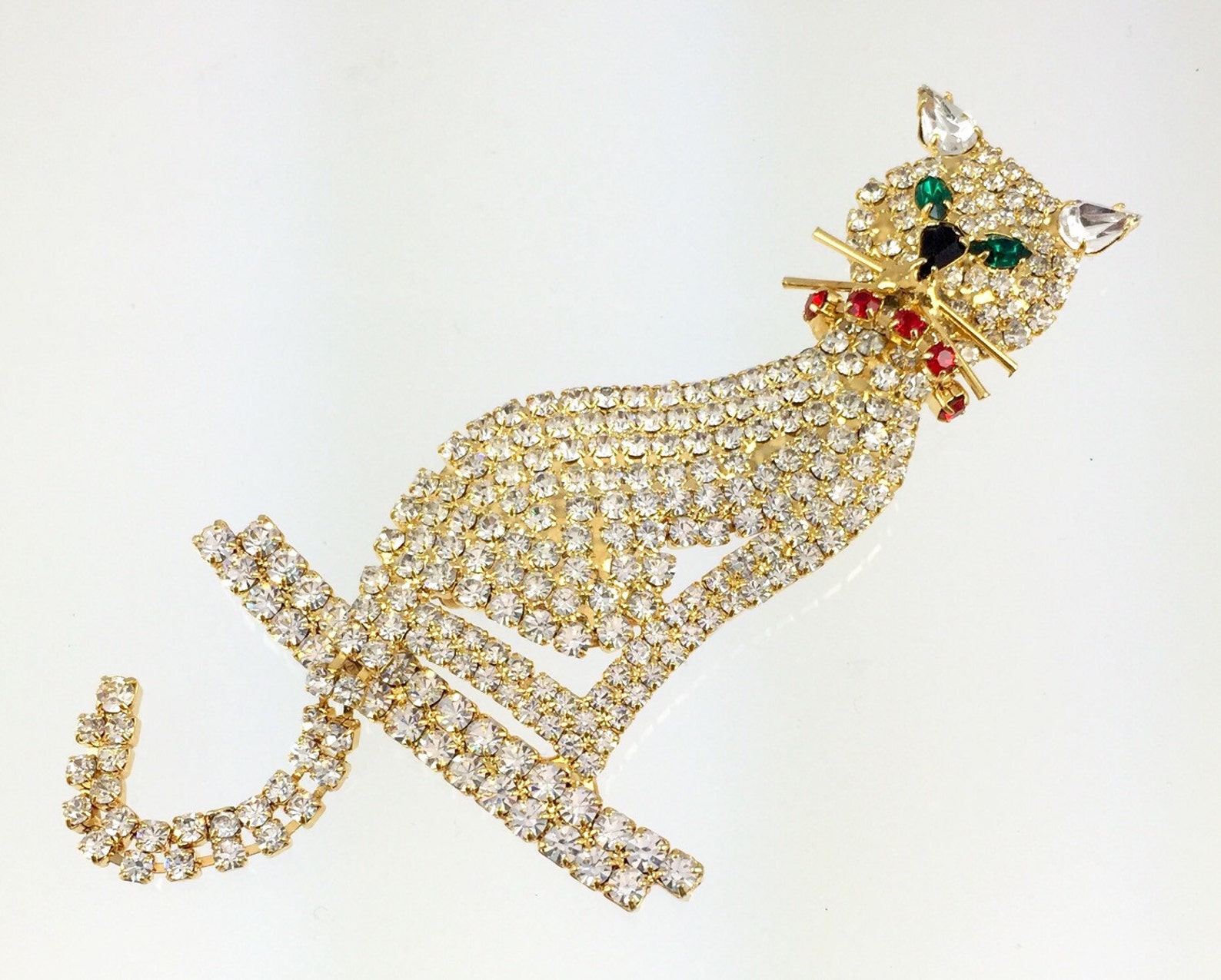 Large Rhinestone Cat Brooch Vintage 1980s Signed Otc Etsy