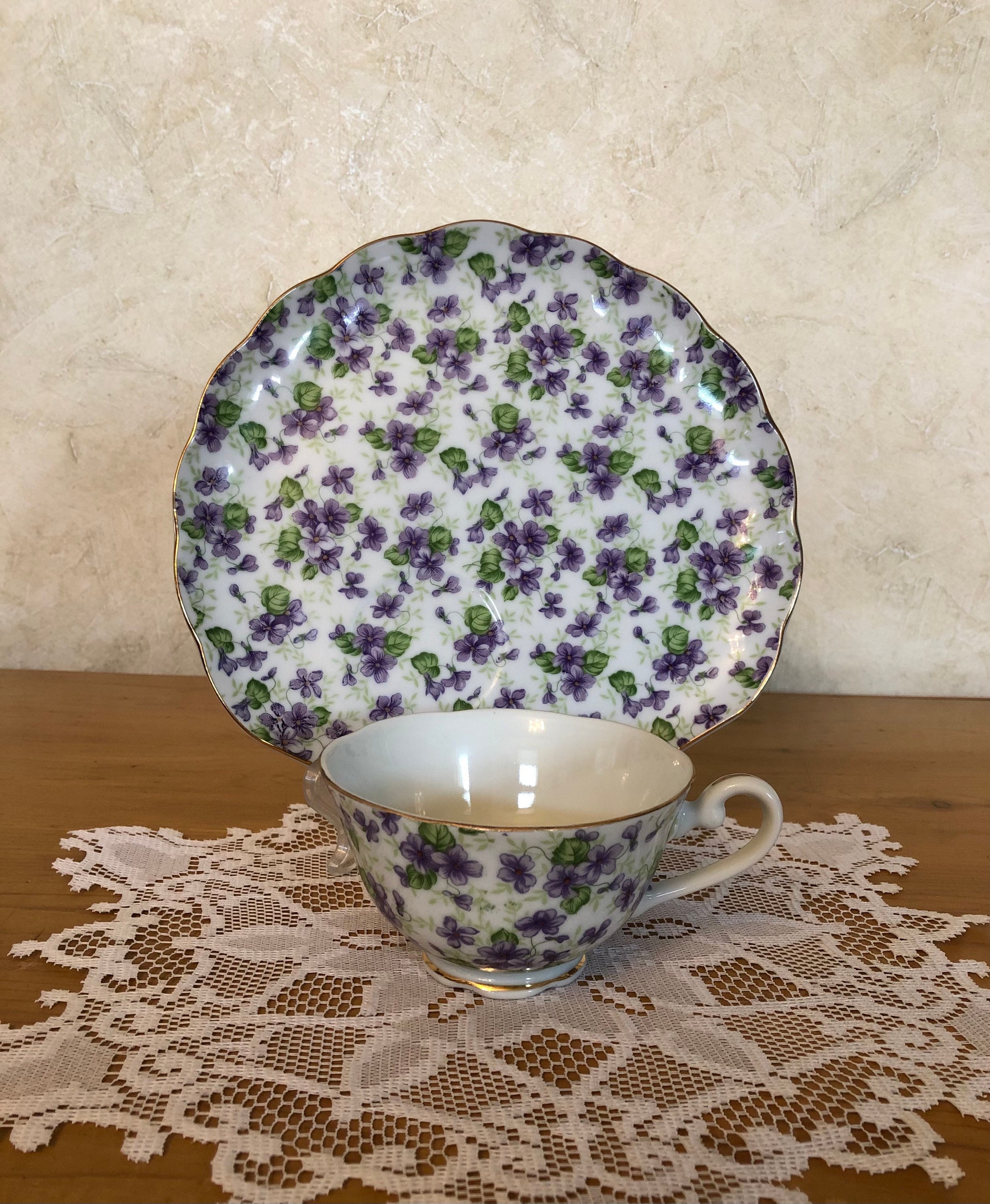 Lefton china violet chintz cup and snack plate 1960s Lefton | Etsy