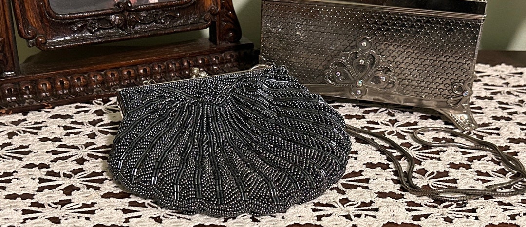 Beaded Clam Shell Purse, Vintage Beaded Purse, Black Beaded Purse ...