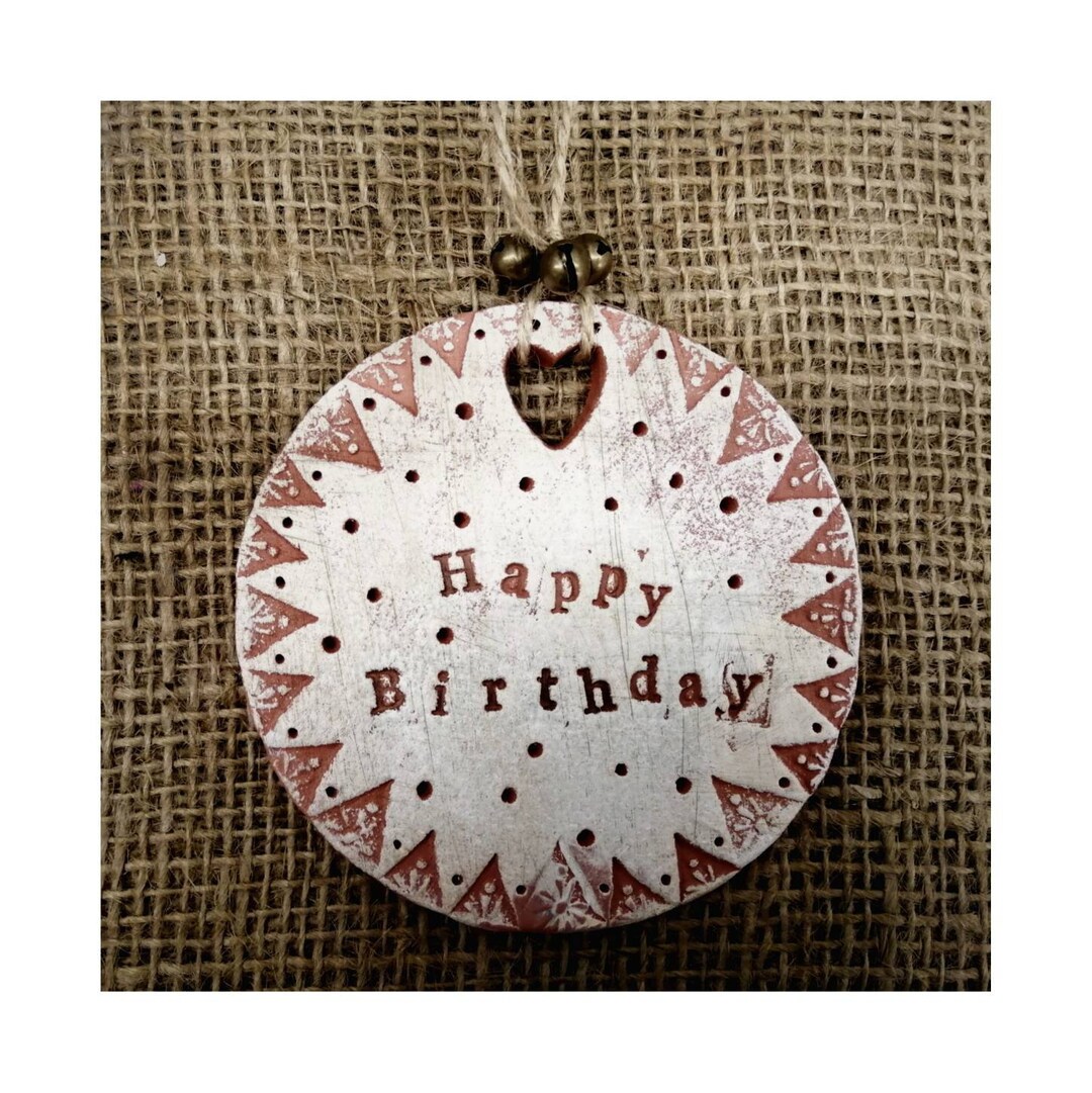 Handmade Happy Birthday Clay Decoration. Rustic Design With Love Heart ...
