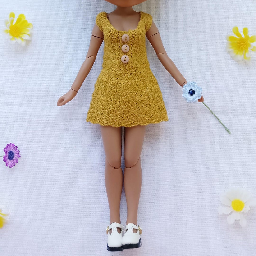 Doll Vintage Mustard Dress With Buttons, Crochet Cotton Doll Clothes ...