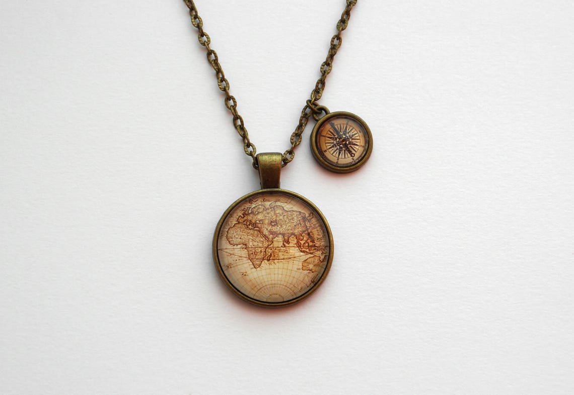 Vintage Map With Compass Necklace Antique World Map Jewelry | Etsy