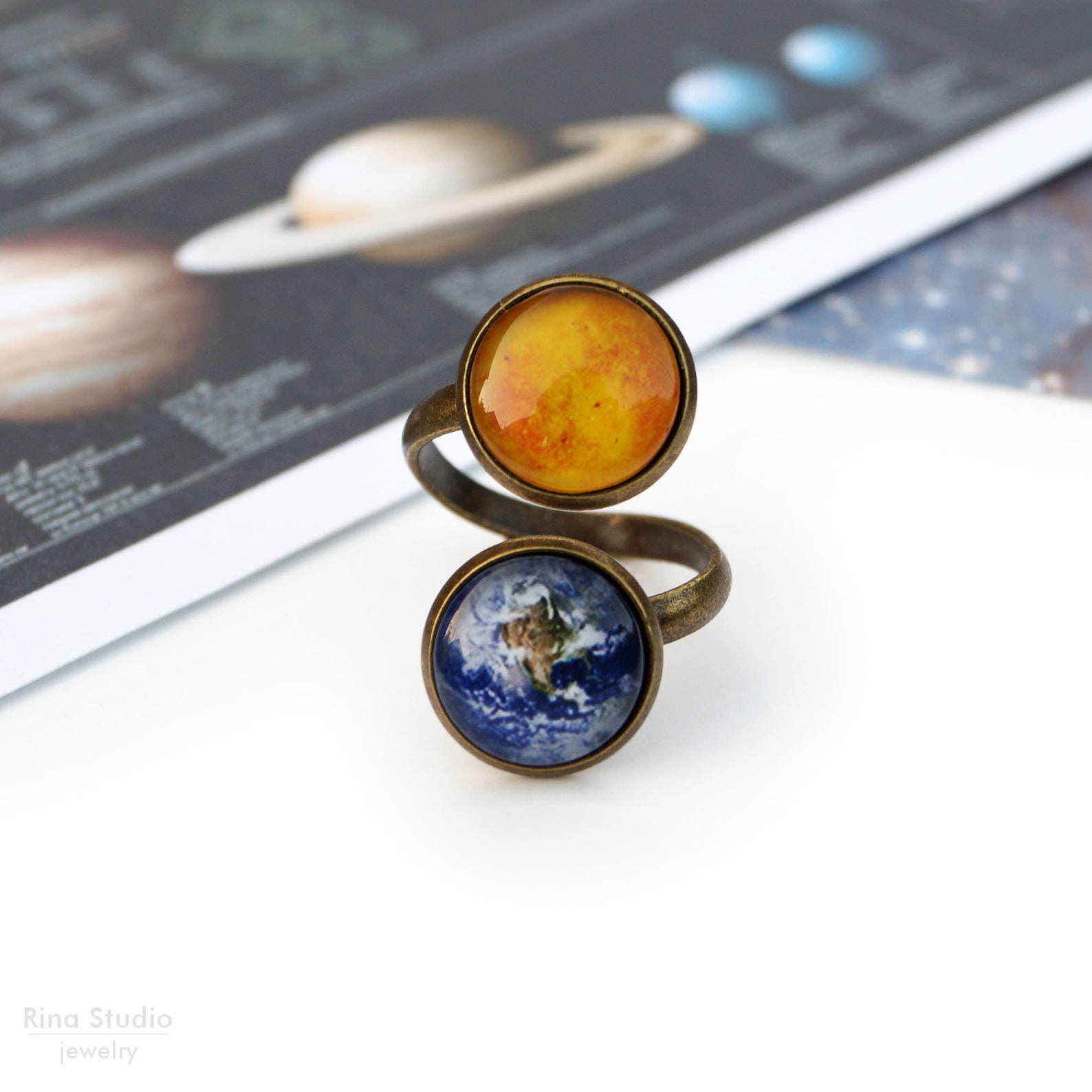 Sun and Earth Adjustable Double Ring Solar System Jewelry | Etsy