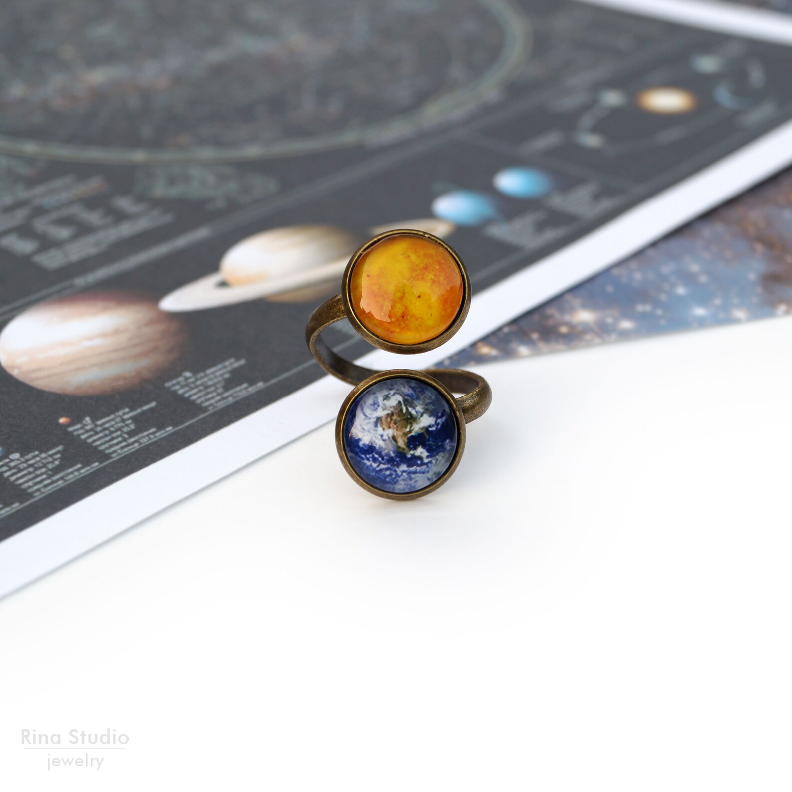 Sun and Earth Adjustable Double Ring Solar System Jewelry | Etsy