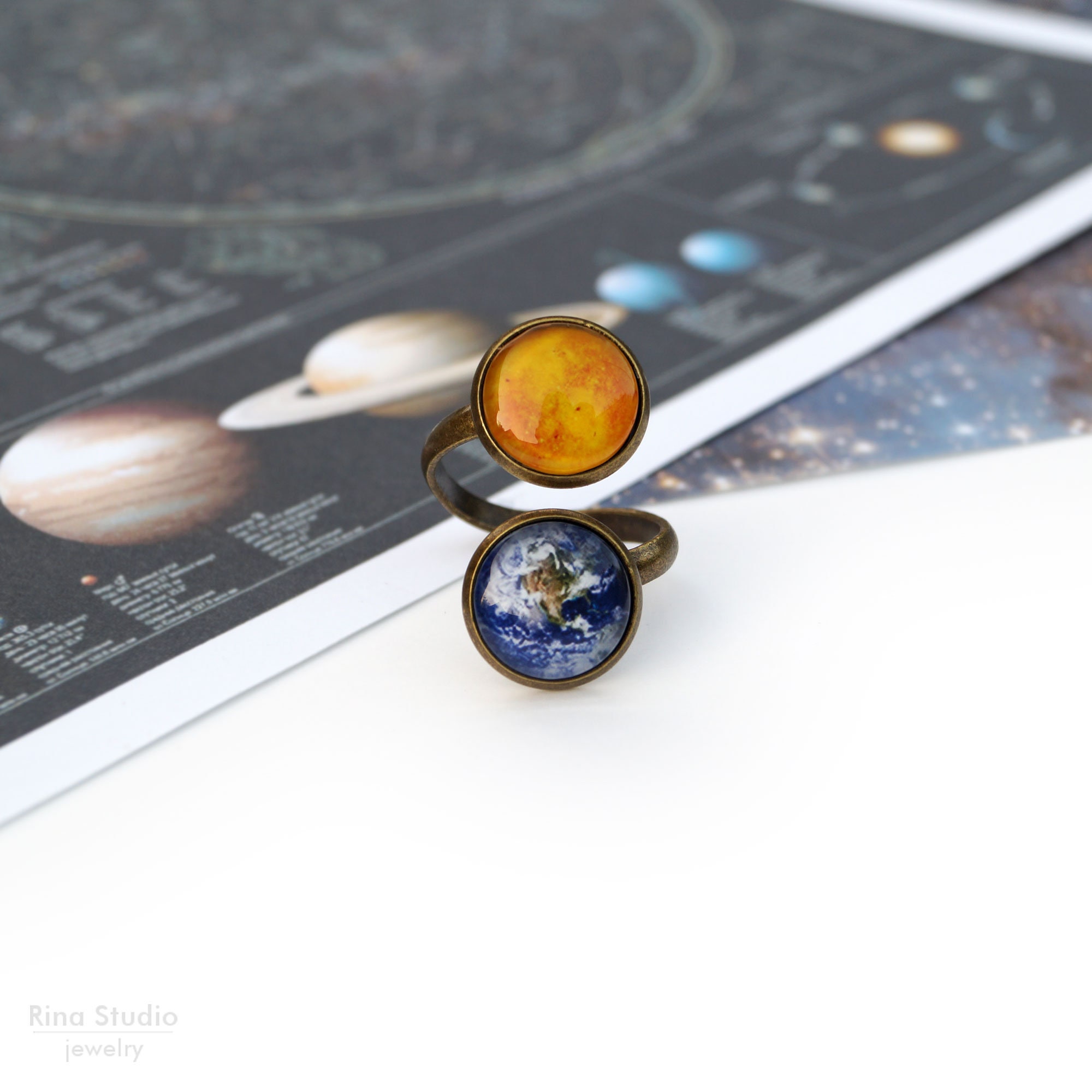 Sun and Earth Adjustable Double Ring Solar System Jewelry | Etsy
