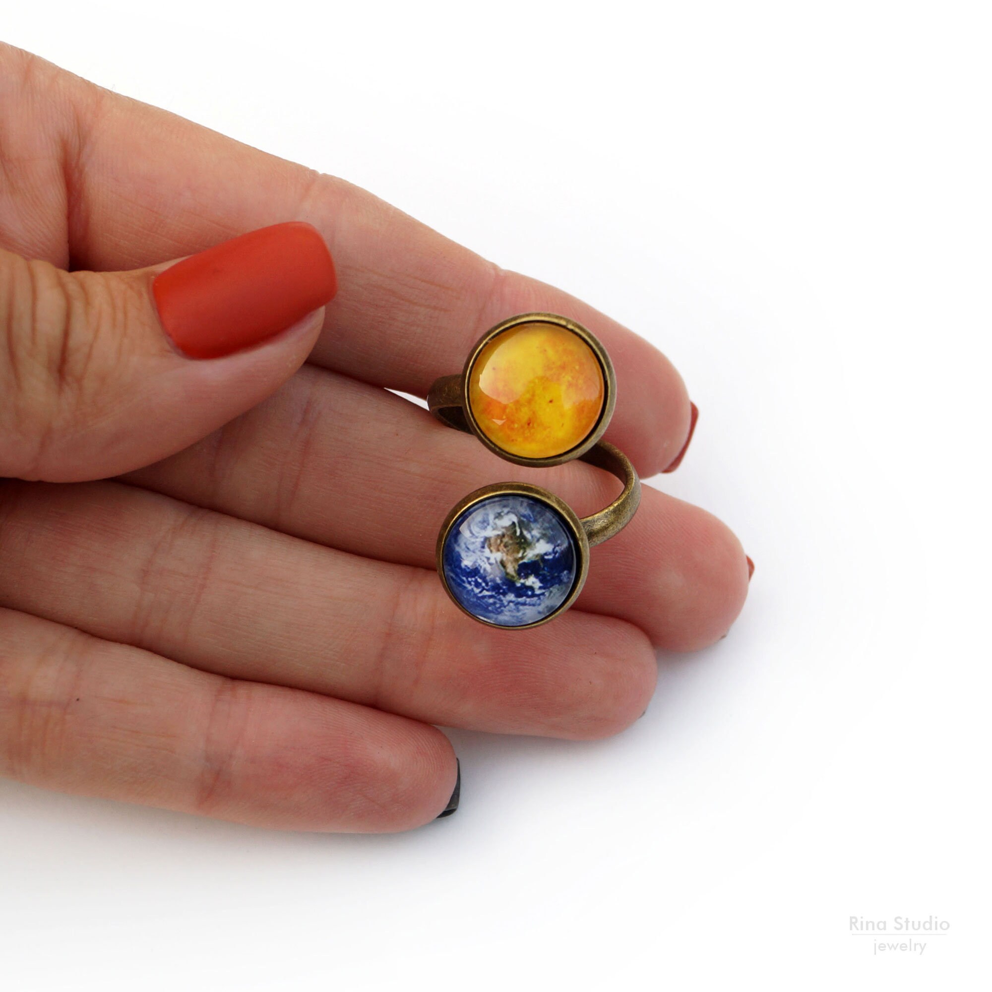 Sun and Earth Adjustable Double Ring Solar System Jewelry | Etsy
