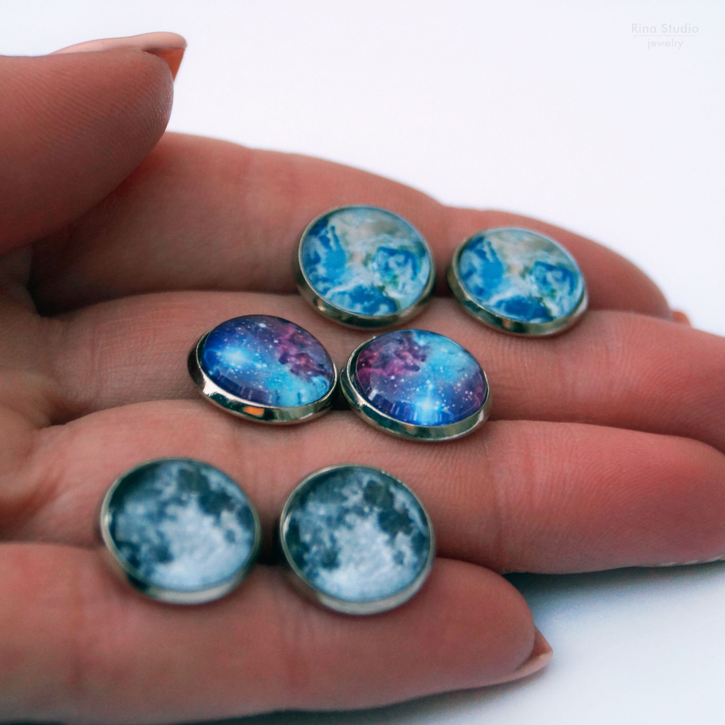 Space Stud Earrings Set Full Moon Earth & Nebula Post | Etsy