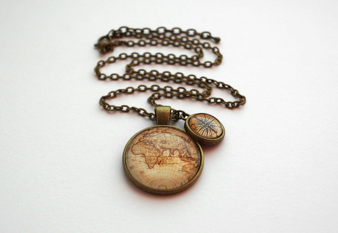 Vintage Map With Compass Necklace Antique World Map Jewelry | Etsy