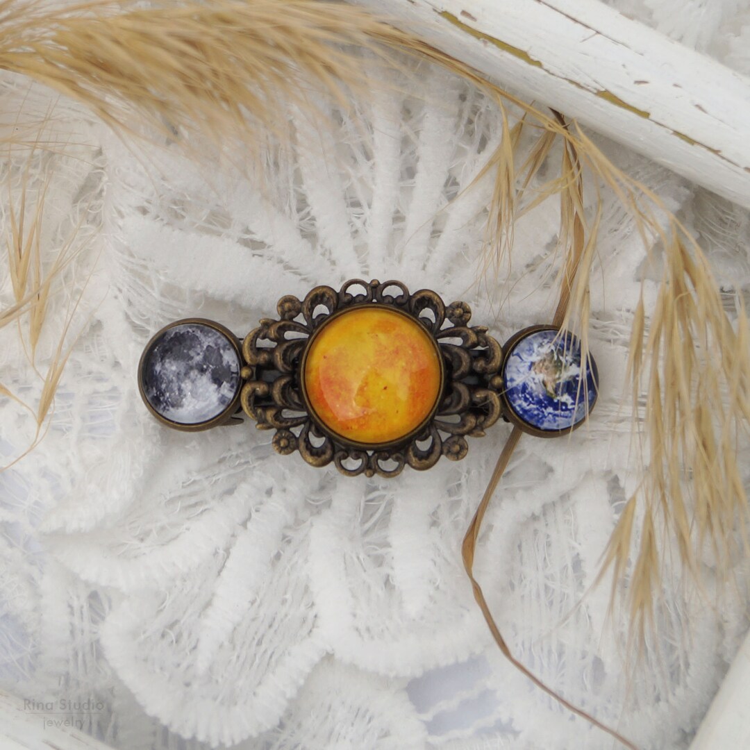 Sun Moon Earth Barrette, Solar System Tiny Hairpin, Cosmic Hair Clip ...