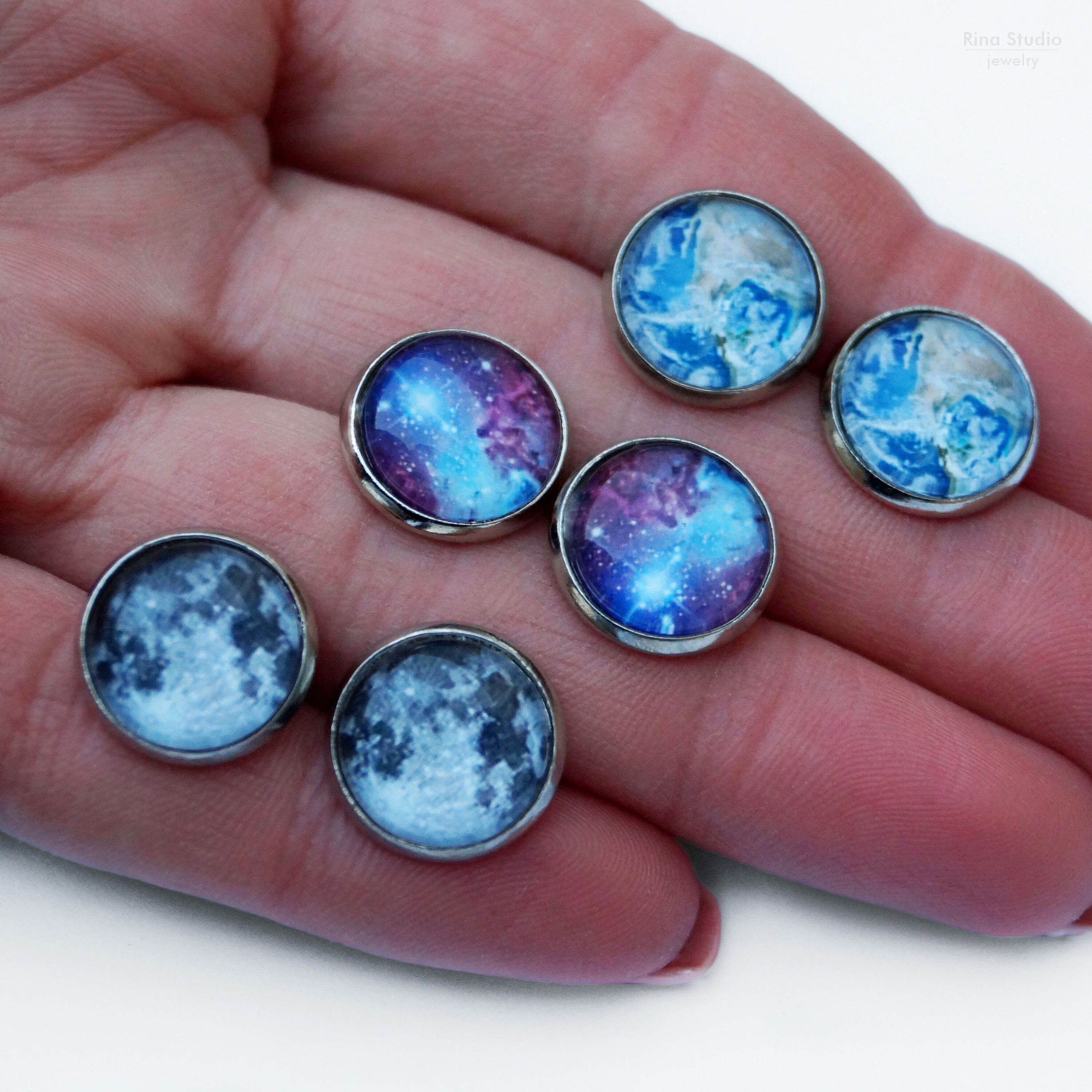 Space Stud Earrings Set Full Moon Earth & Nebula Post | Etsy