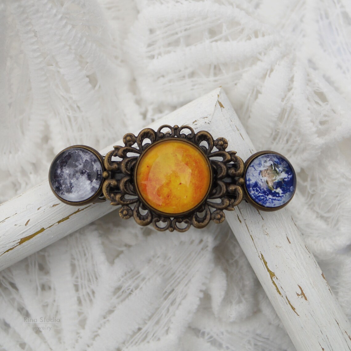 Sun Moon Earth Barrette Solar System Tiny Hairpin Cosmic - Etsy