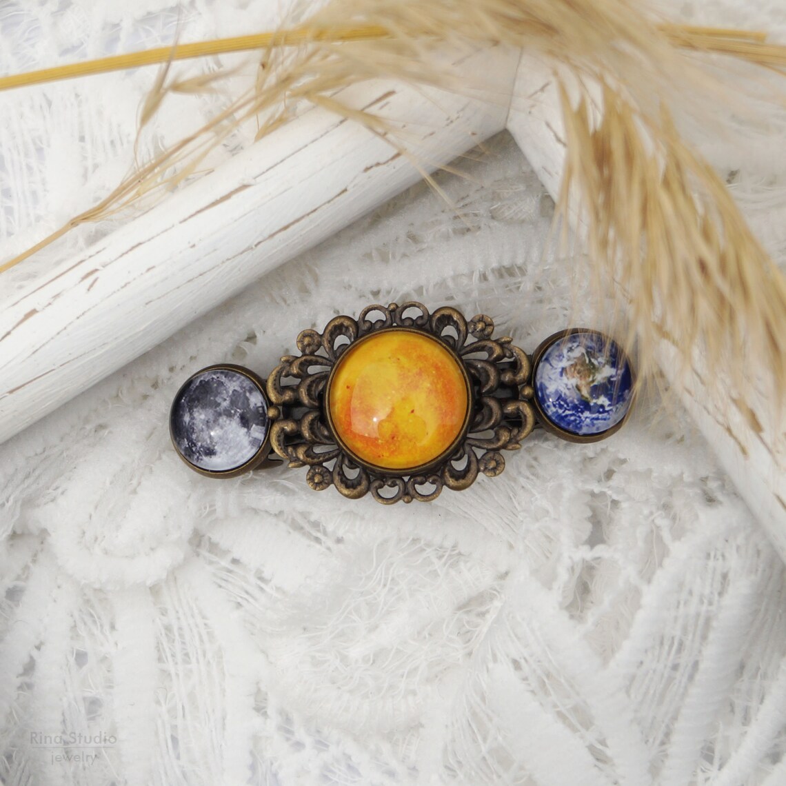 Sun Moon Earth Barrette Solar System Tiny Hairpin Cosmic - Etsy