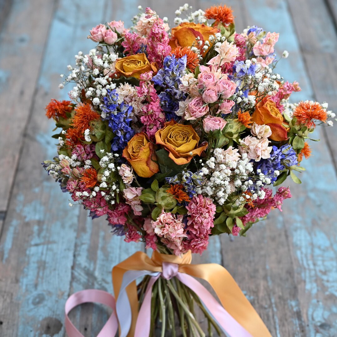 Tonal Twist Blue Pink Orange Dried Flower Wedding Bridal Bouquet - Etsy