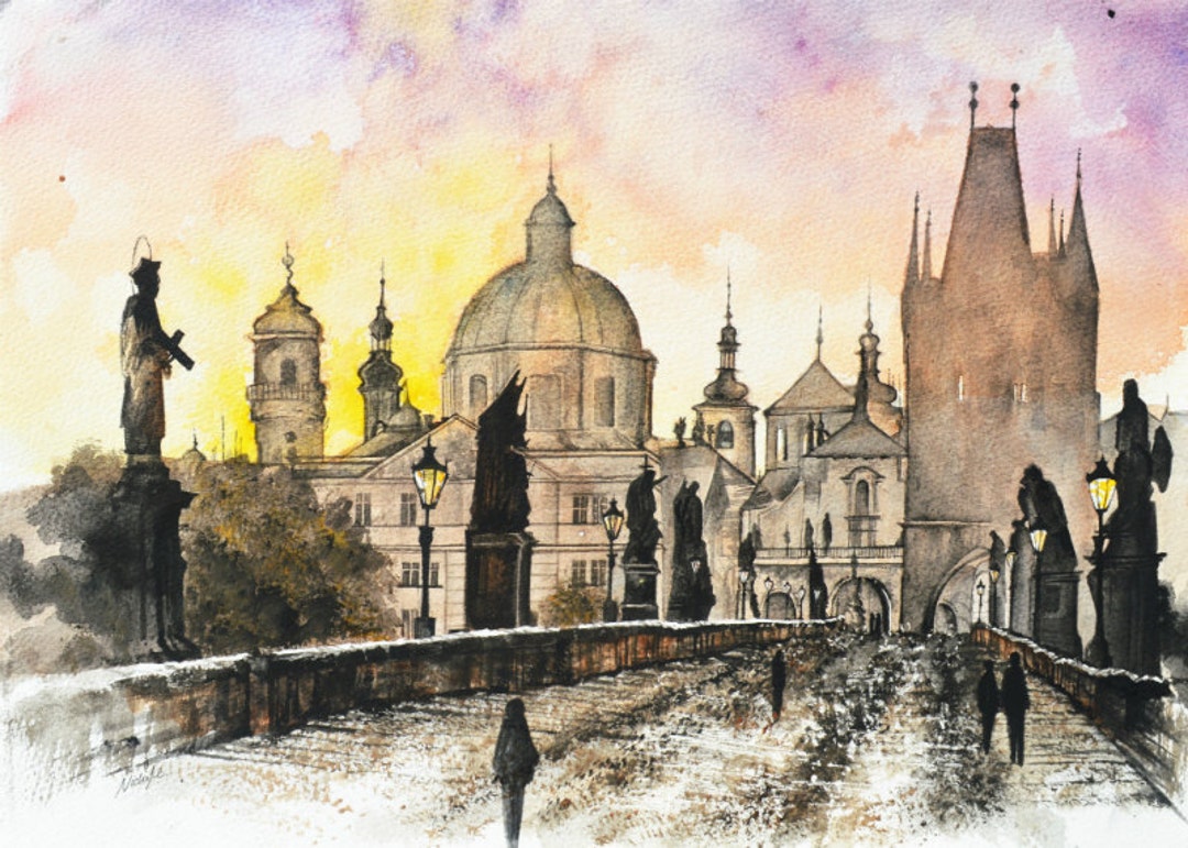 Sunrise at Charles Bridge, Prague Painting, Czech Republic, European ...