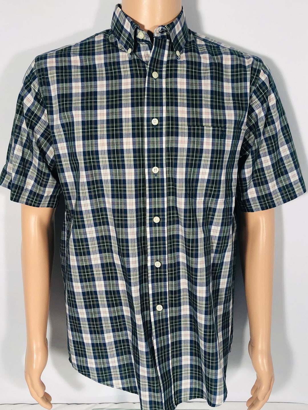 Vintage Towncraft Brand Blue Green Red Plaid Preppie Mens Short Sleeve ...