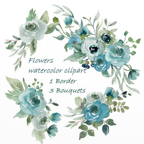 Teal Rust Orange Watercolor Flowers Clipart Floral Clip Art - Etsy