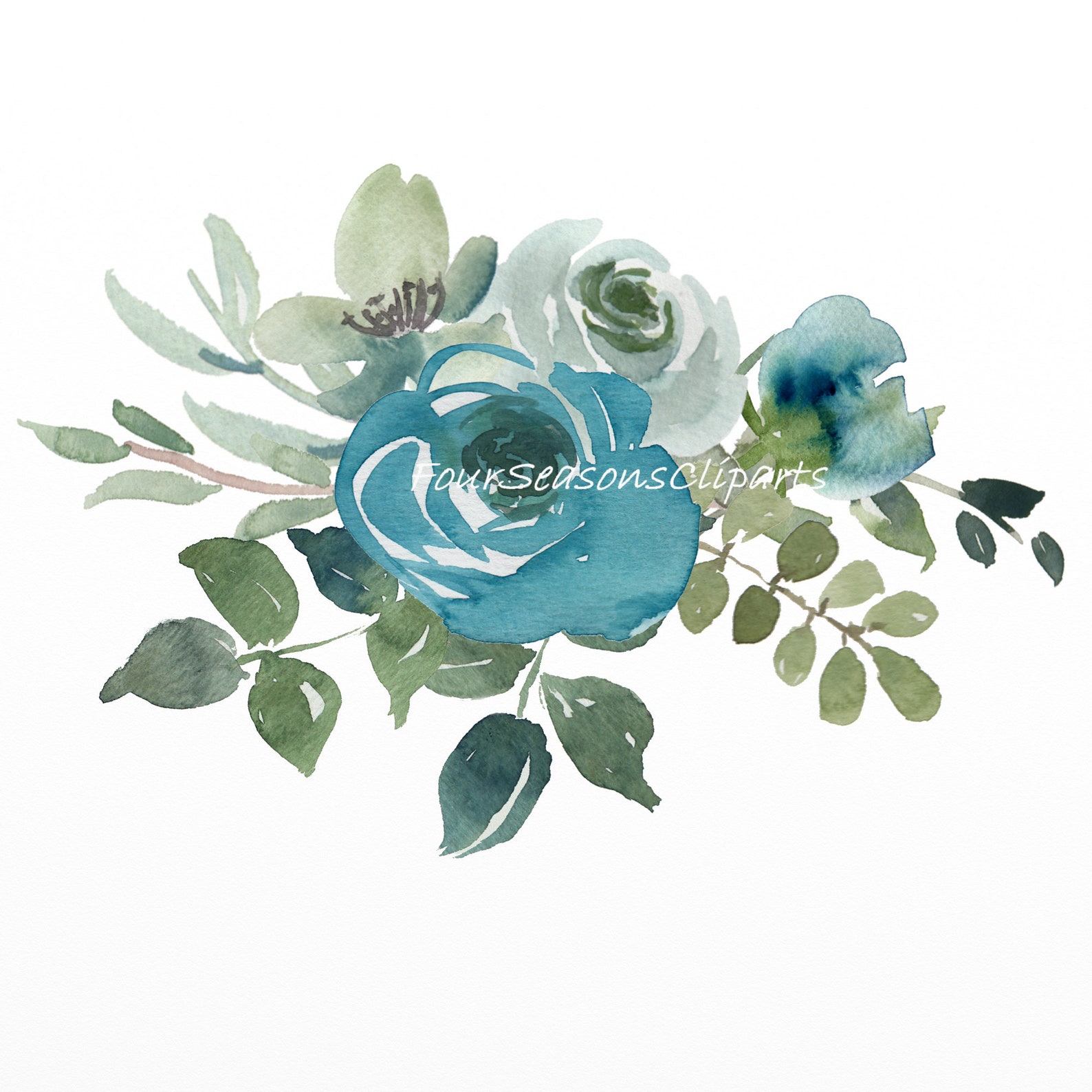 Teal Flowers Watercolor Clipart Green Clip Art Flowers Clip | Etsy