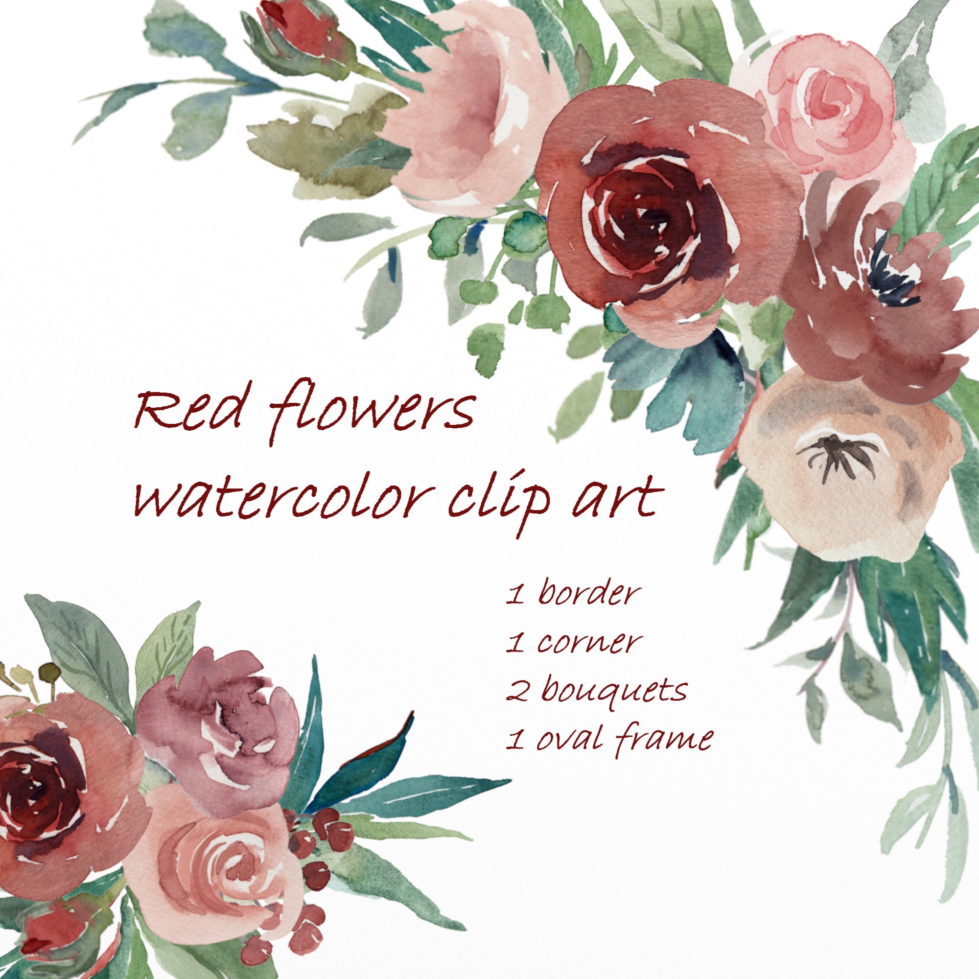 Red Flowers Watercolor Clipart Red Clipartred Clip Art - Etsy