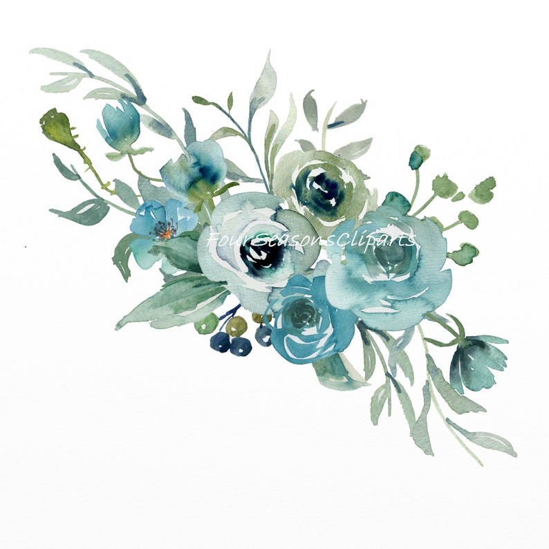 Teal Flowers Watercolor Clipart Green Clip Art Flowers Clip | Etsy