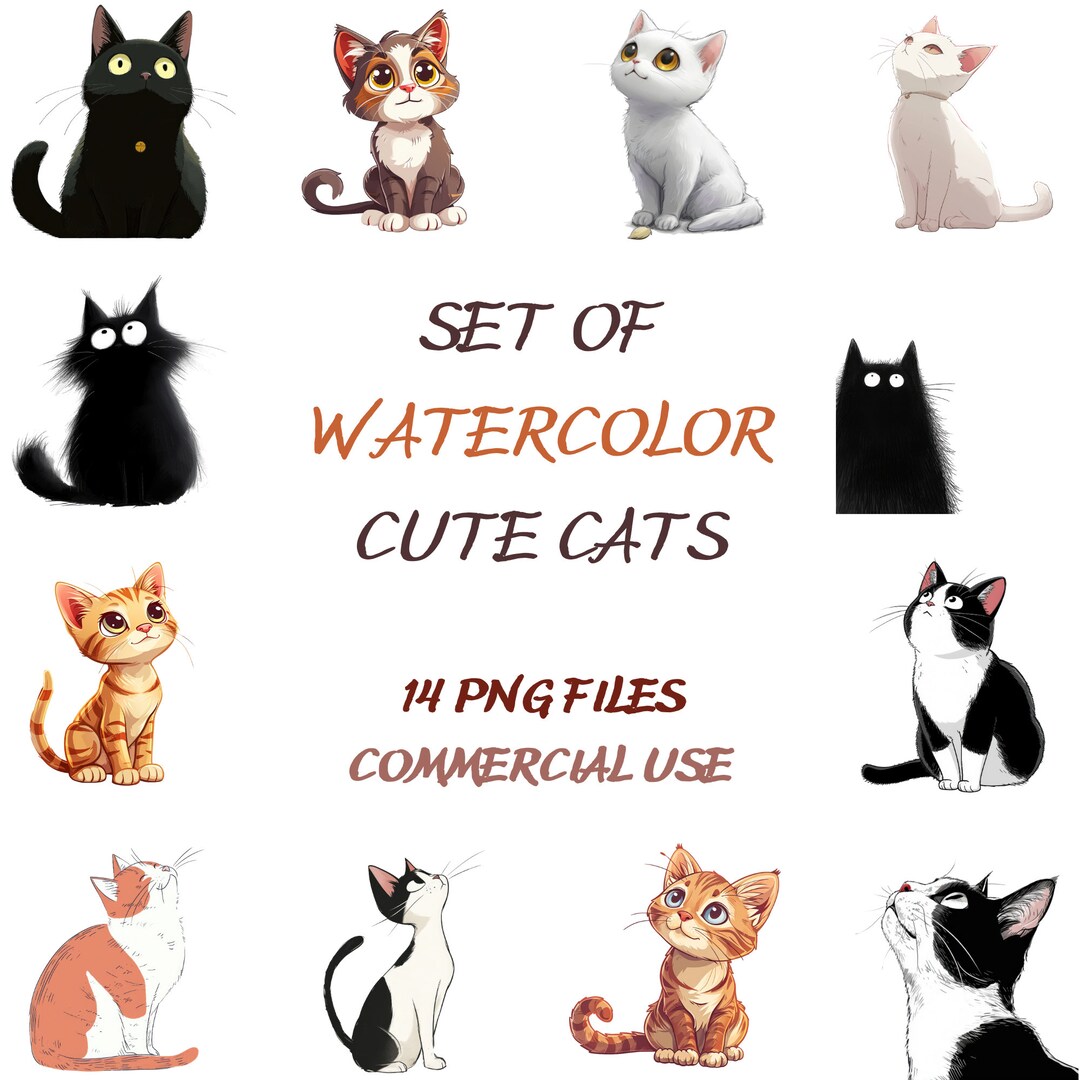 Cats, Watercolor Cute Cartoon Cats, 14 PNG, Clipart, Watercolor ...