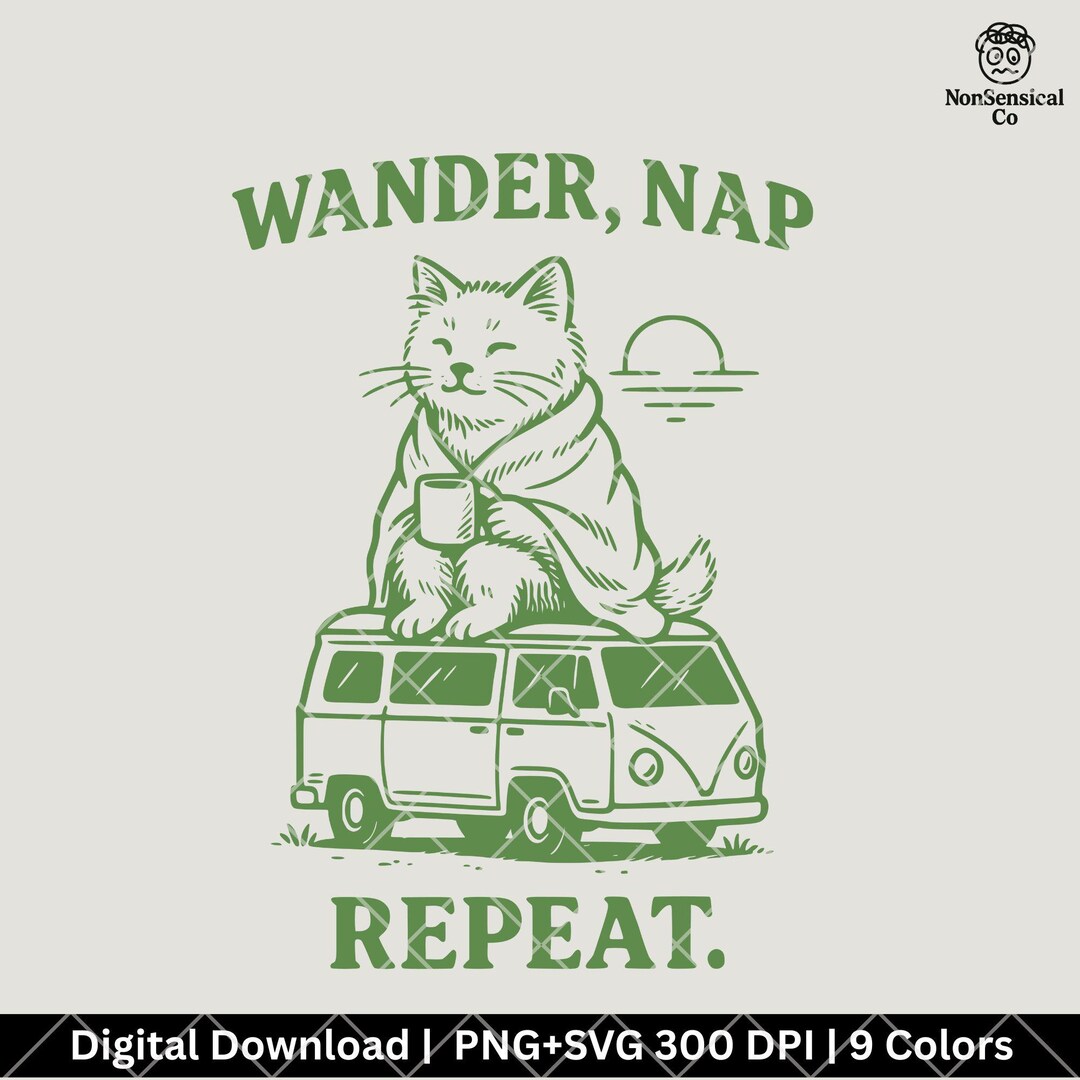 Wander Nap Repeat Cat | Camper Van Cat Design | 9 SVG + 9 PNG | Cozy ...