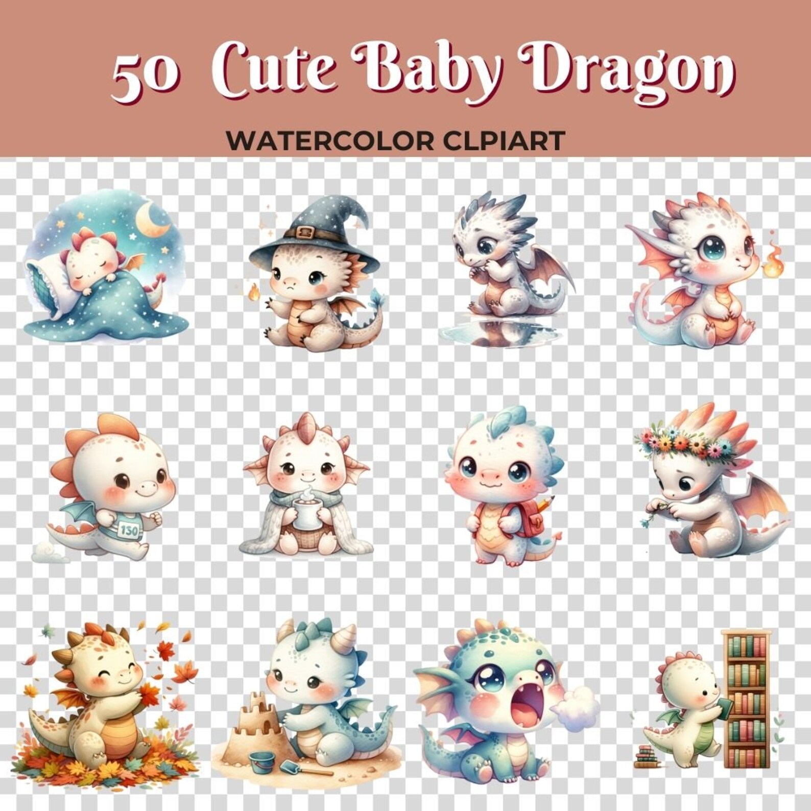 Baby Dragon Watercolor Clipart | 50 PNG Graphics (instant Download - Etsy