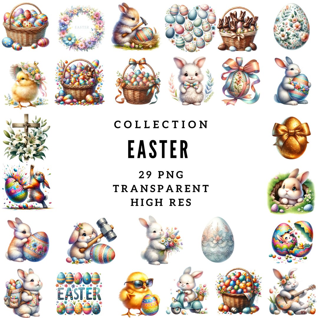 Easter Clipart Bundle 29 PNG: Watercolor Bunny & Egg Illustrations ...