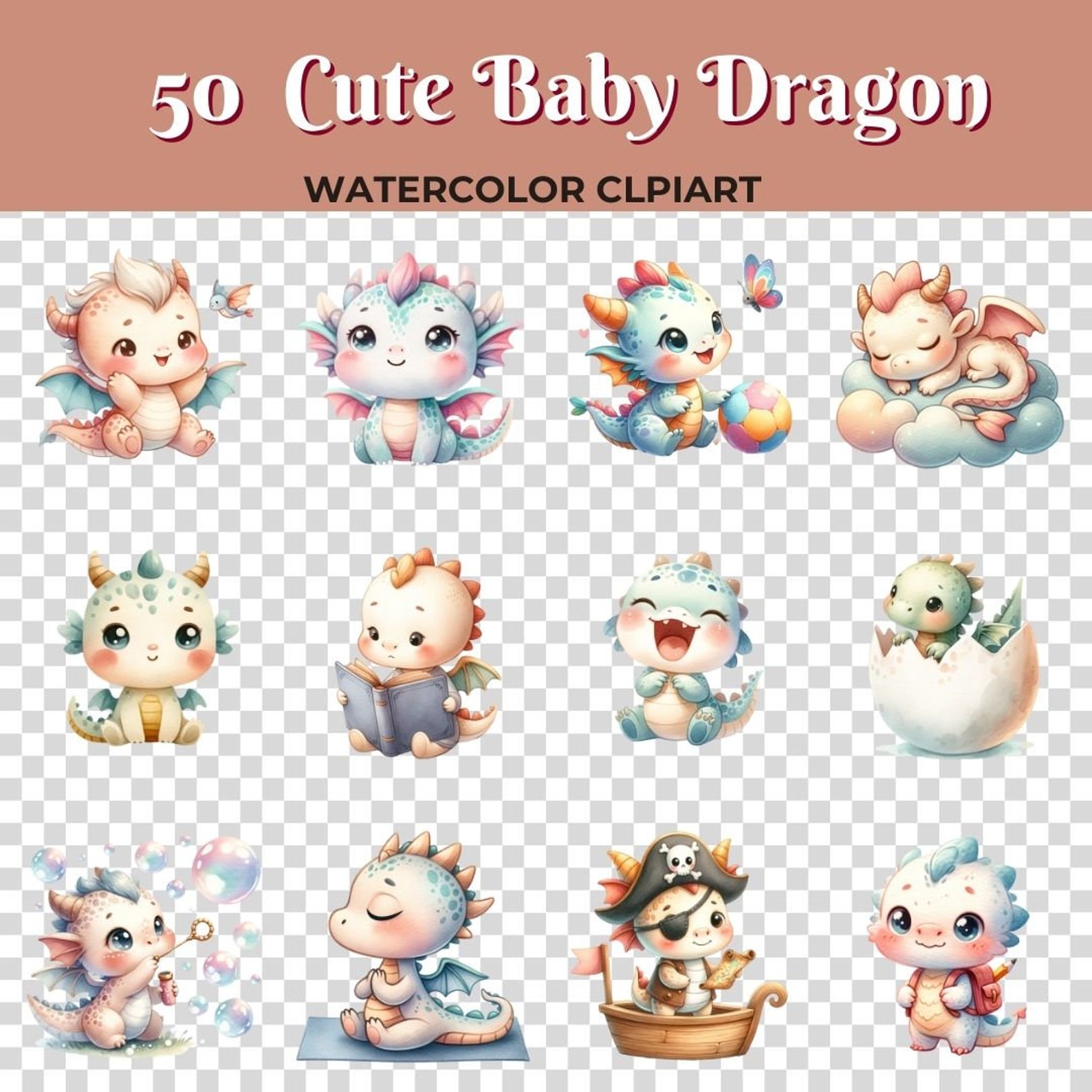 Baby Dragon Watercolor Clipart | 50 PNG Graphics (instant Download - Etsy