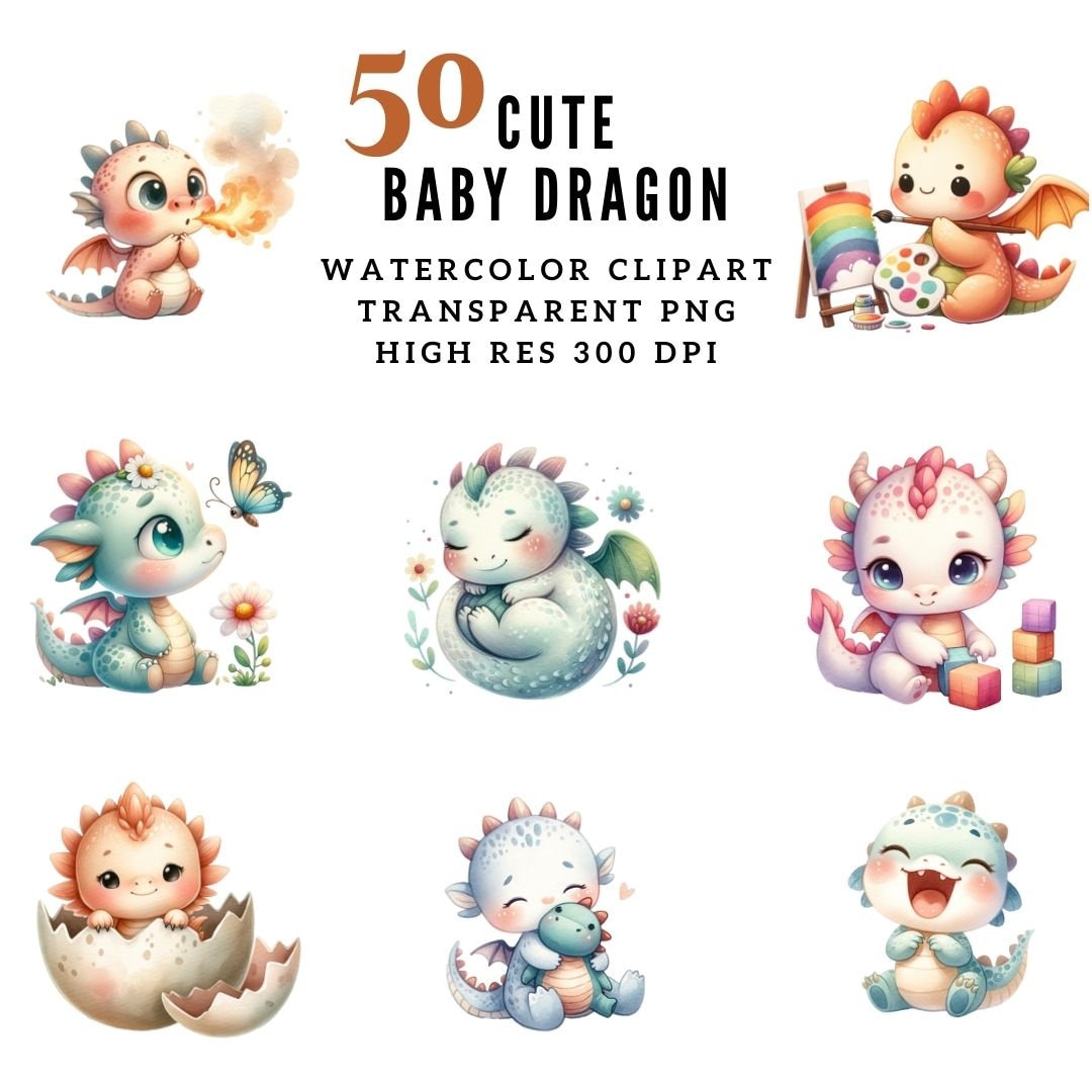 Baby Dragon Watercolor Clipart | 50 PNG Graphics (instant Download - Etsy