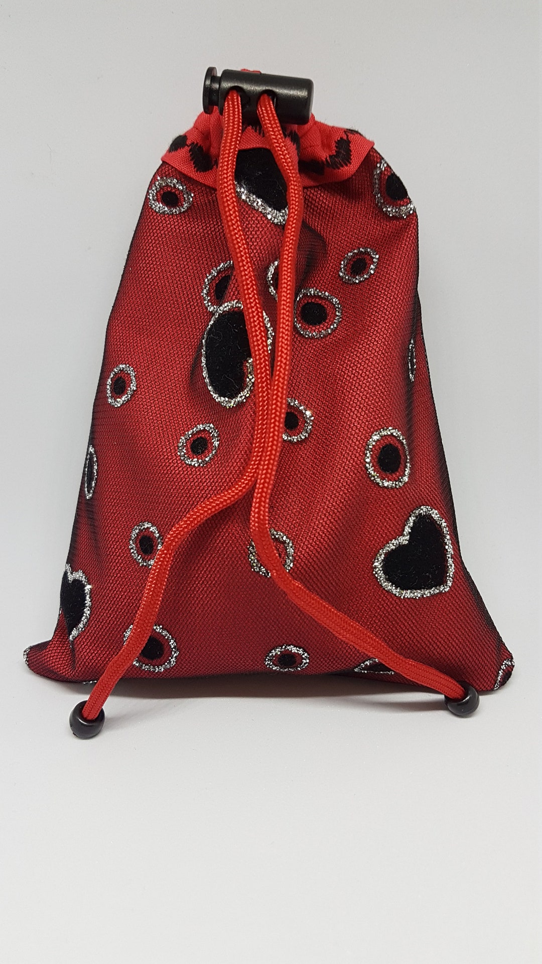 Bag Made From Sheer Red Fabric With Black Velvet Hearts and Dots ...