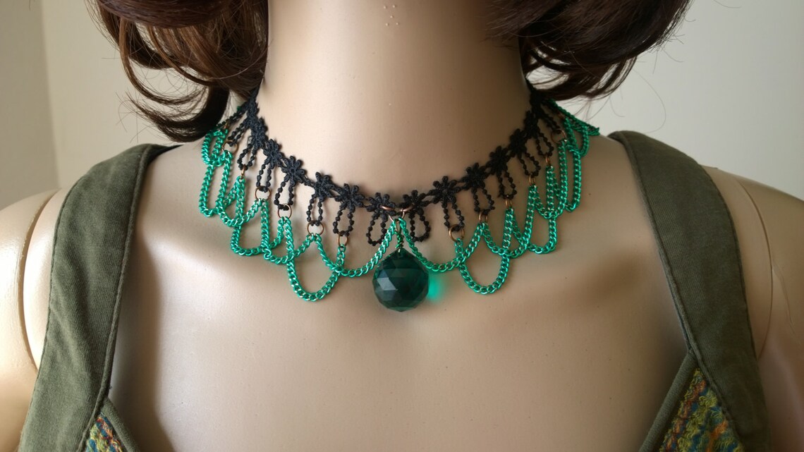 Green Chain Black Lace Choker Necklace Solid Green Glass - Etsy