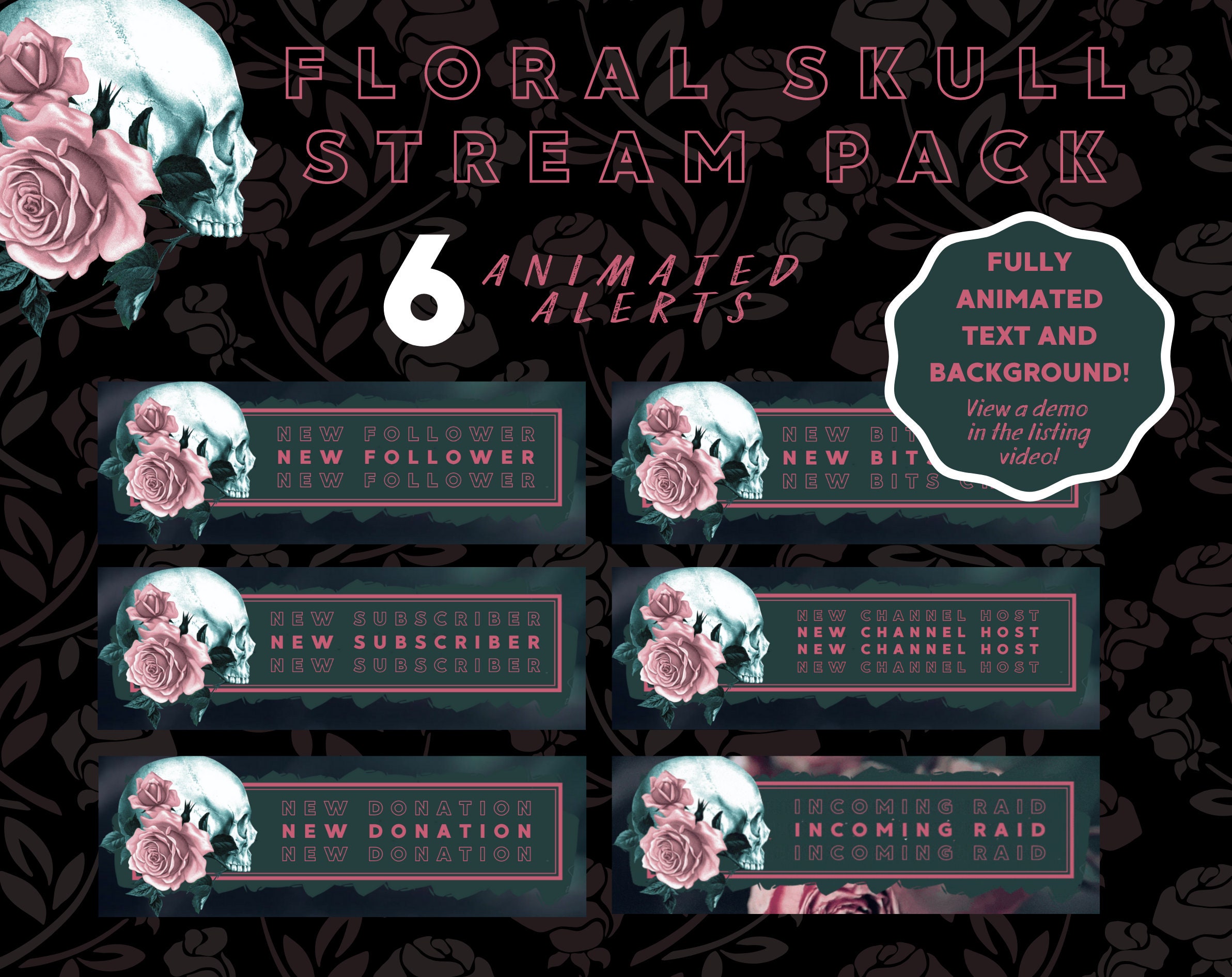 ANIMATED Floral Skull Stream Overlay & Twitch Alerts Pack | Etsy