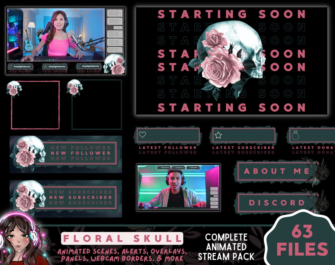ANIMATED Floral Skull Stream Overlay & Twitch Alerts Pack - Scenes ...