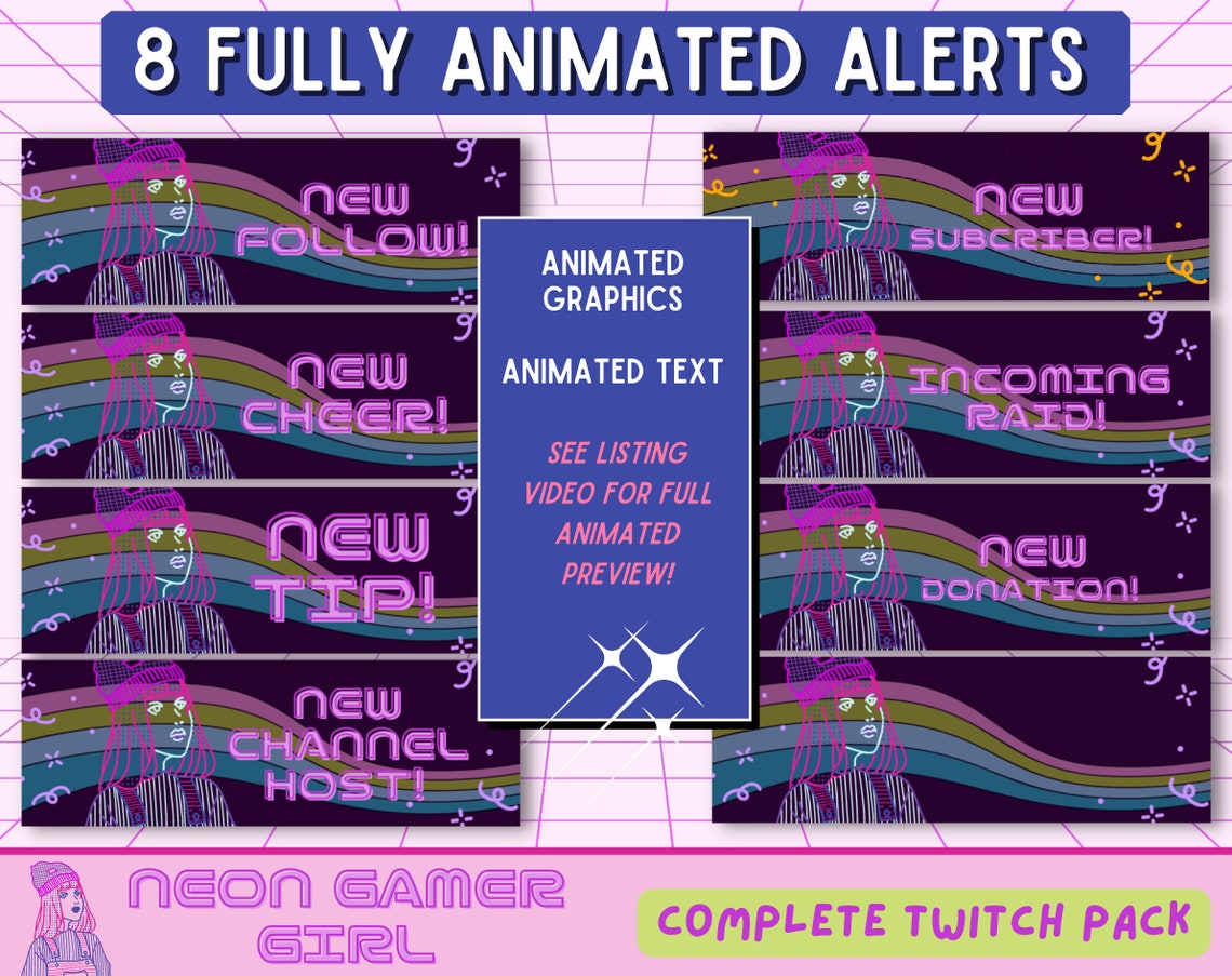 ANIMATED Neon Gamer Girl Stream Overlay & Twitch Alerts Pack - Etsy