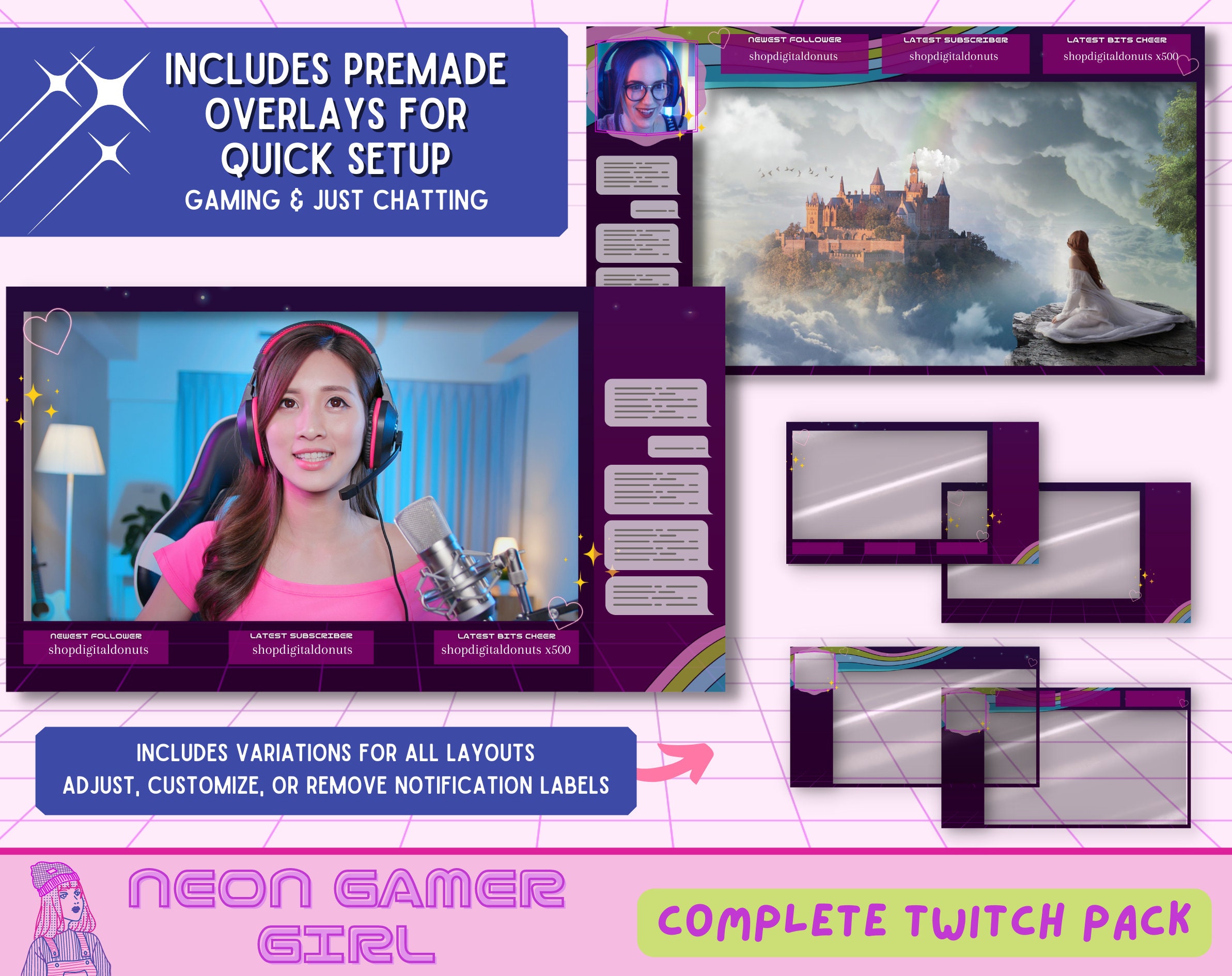 ANIMATED Neon Gamer Girl Stream Overlay & Twitch Alerts Pack - Etsy UK