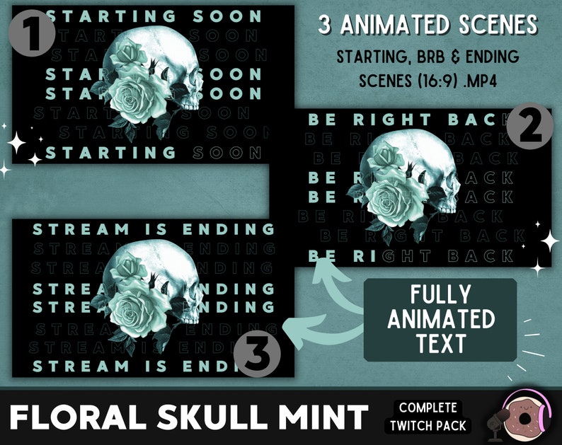 ANIMATED Mint Floral Skull Stream Overlay & Twitch Alerts Pack - Scenes ...