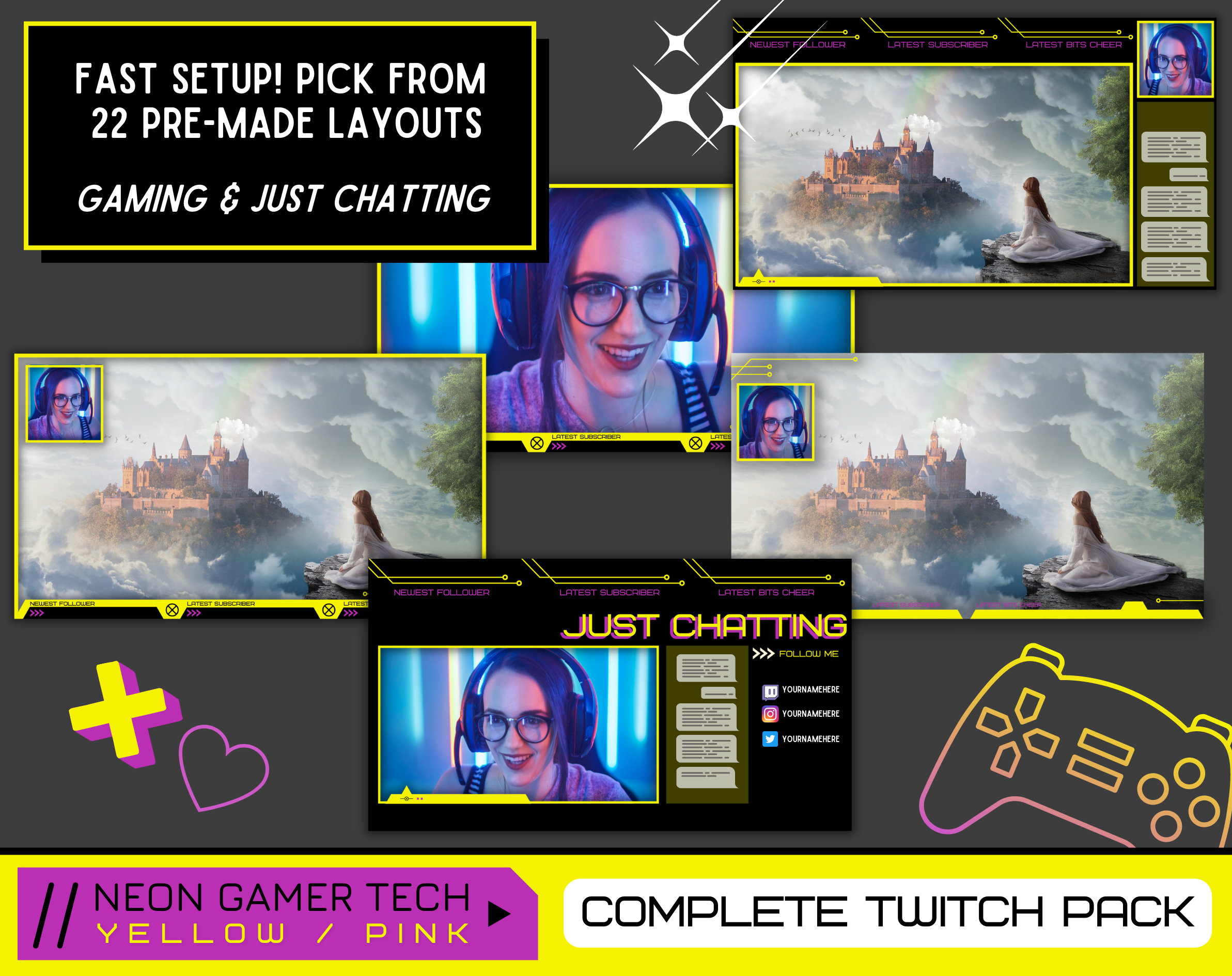 ANIMATED Neon Tech Stream Overlay & Twitch Alerts Pack Scenes, Alerts ...
