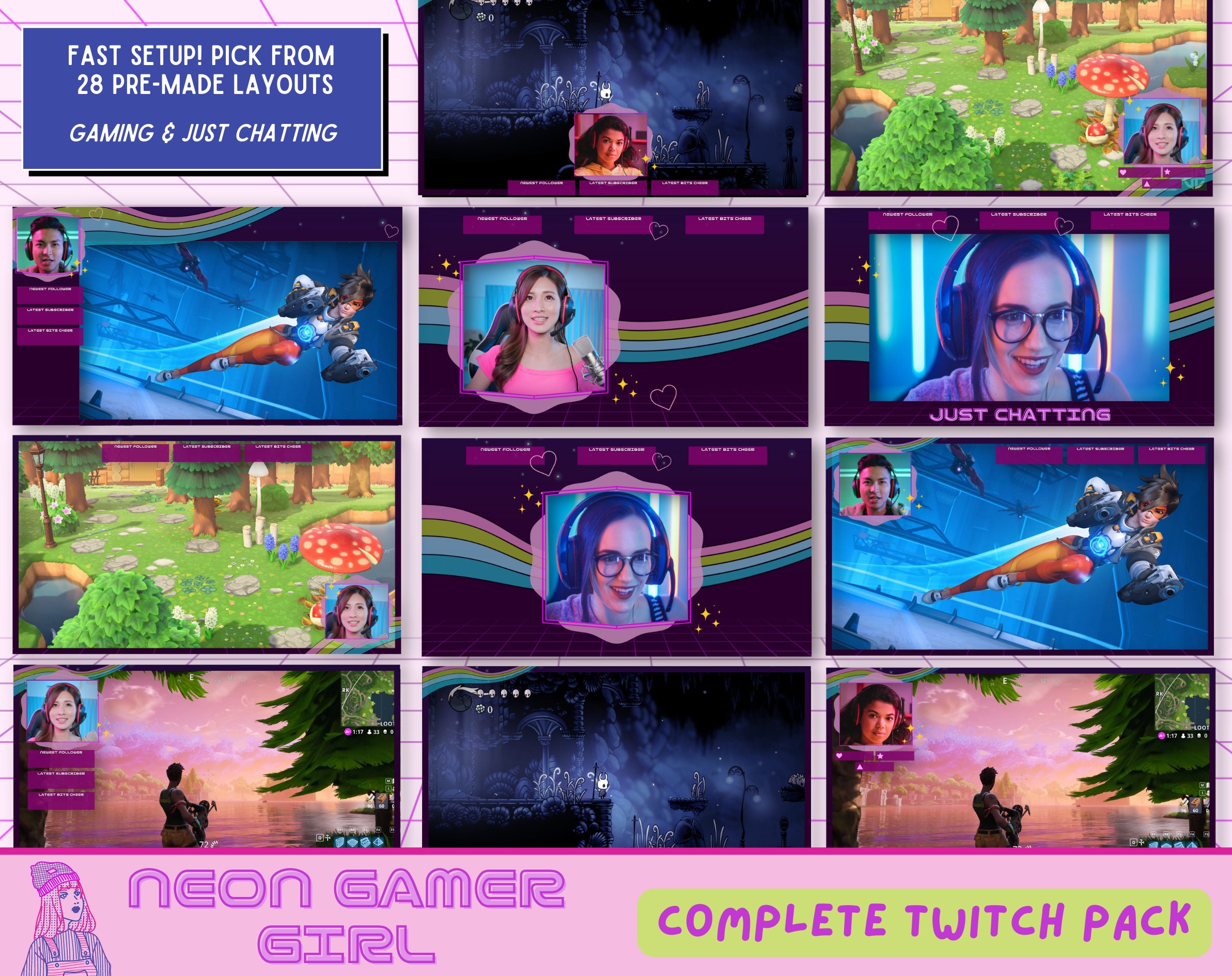 ANIMATED Neon Gamer Girl Stream Overlay & Twitch Alerts Pack - Scenes ...
