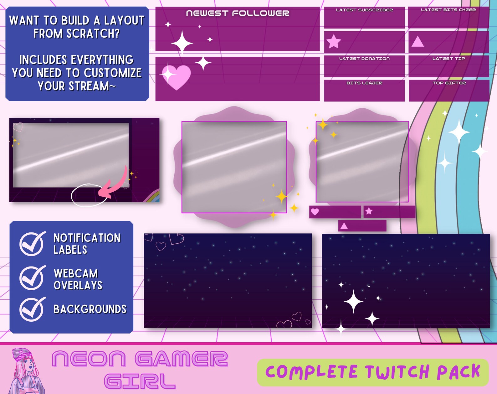 ANIMATED Neon Gamer Girl Stream Overlay & Twitch Alerts Pack Scenes ...