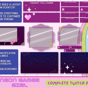 ANIMATED Neon Gamer Girl Stream Overlay & Twitch Alerts Pack - Scenes ...