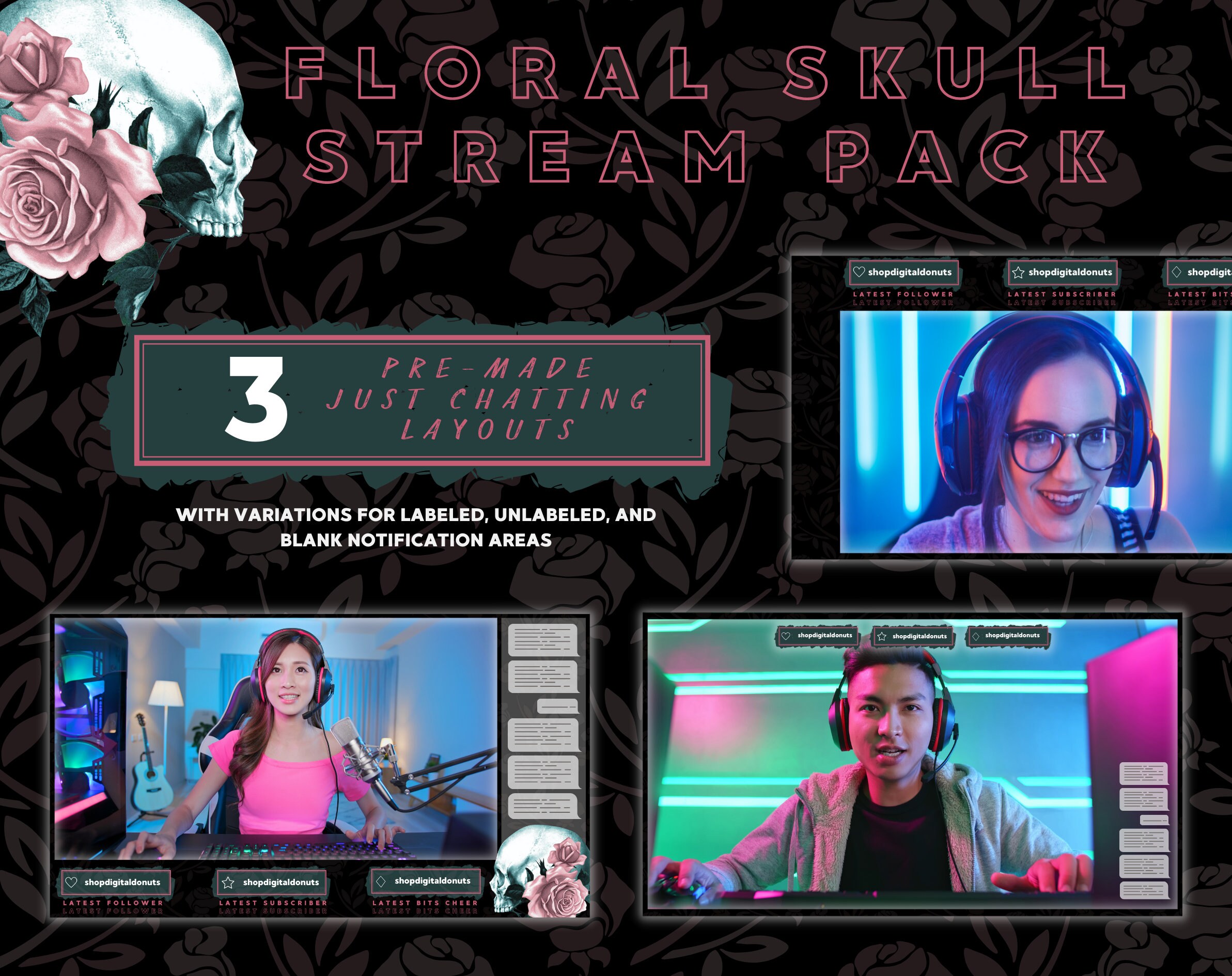 ANIMATED Floral Skull Stream Overlay & Twitch Alerts Pack | Etsy