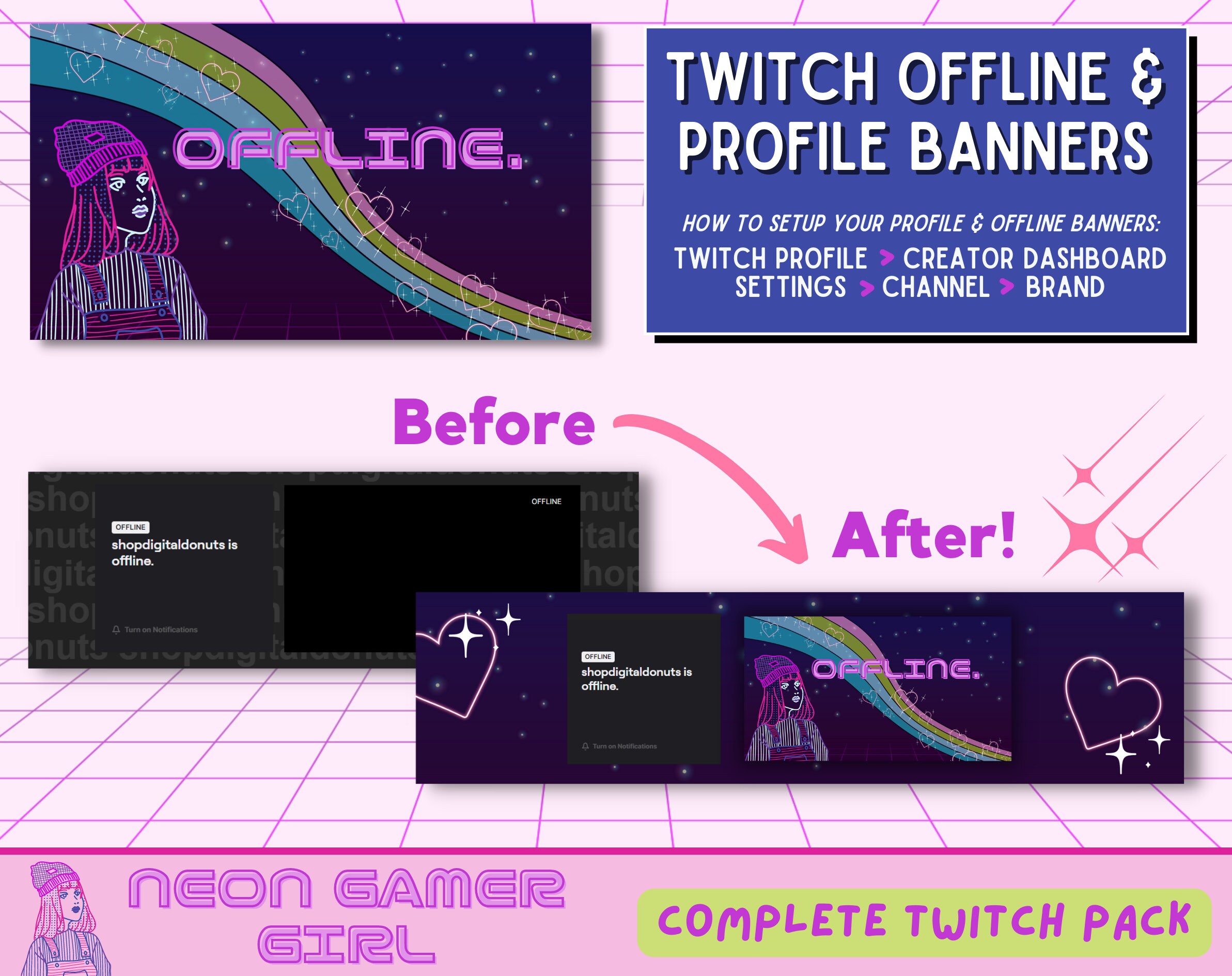 ANIMATED Neon Gamer Girl Stream Overlay & Twitch Alerts Pack - Scenes ...