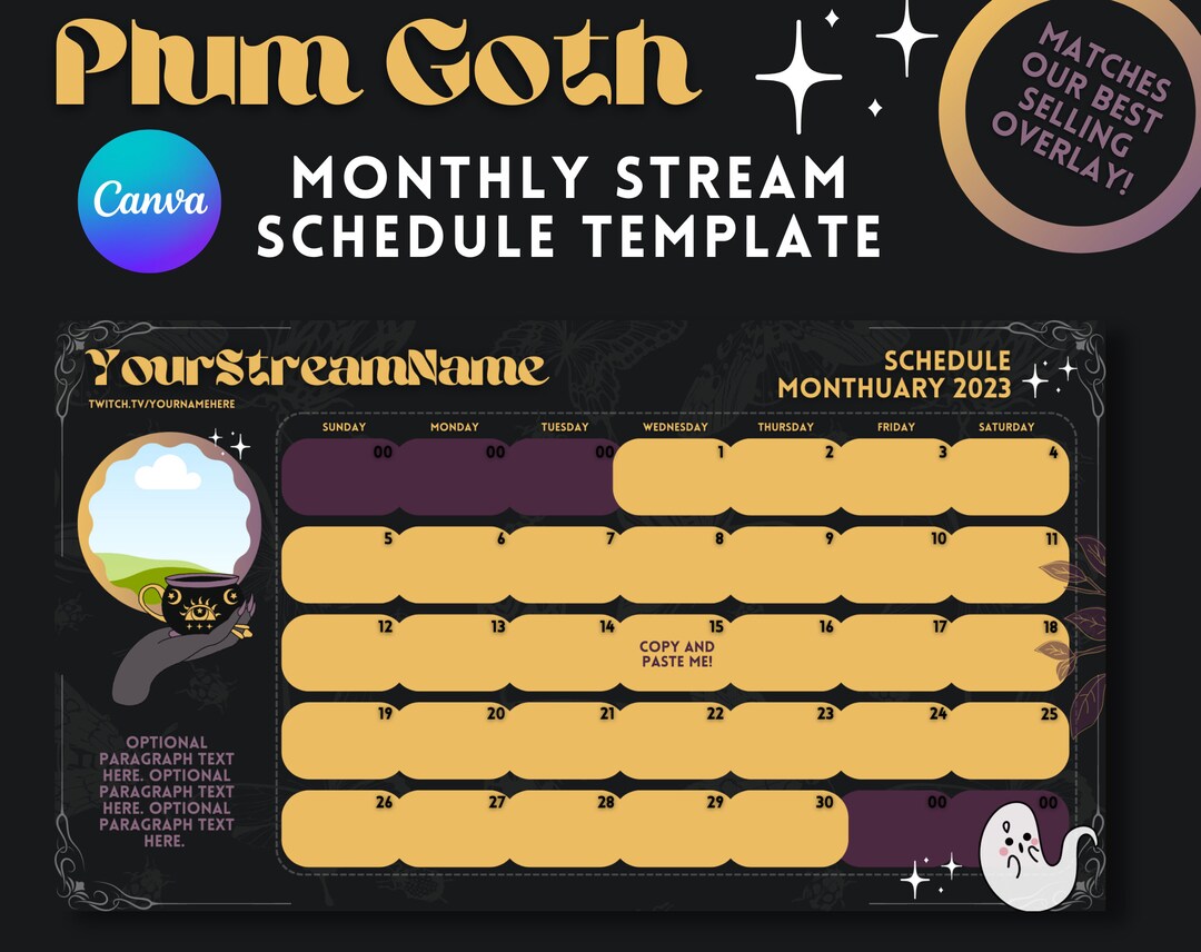 Goth Witchy Plum Monthly Stream Schedule Template Horizontal - Witchy ...