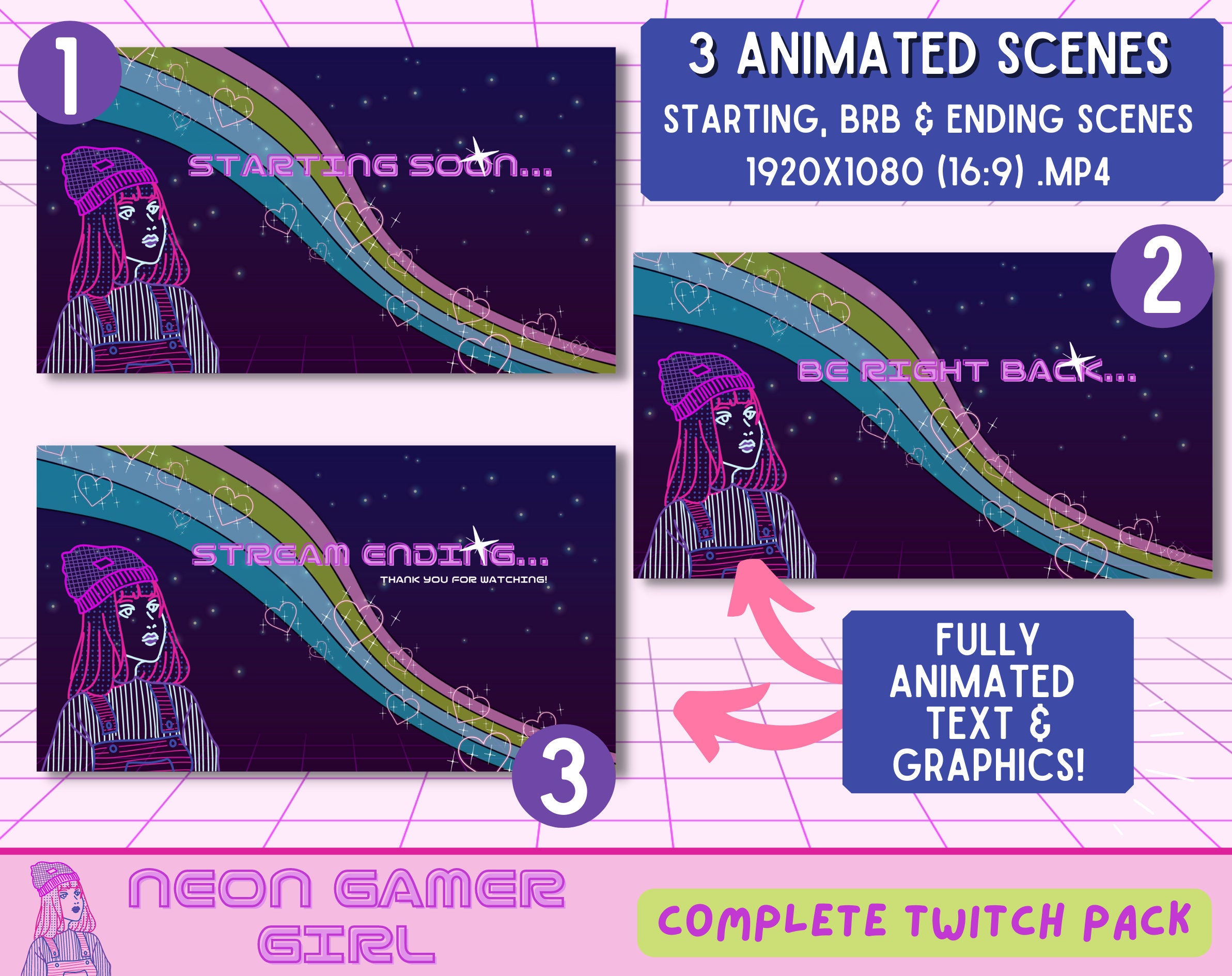 ANIMATED Neon Gamer Girl Stream Overlay & Twitch Alerts Pack - Etsy