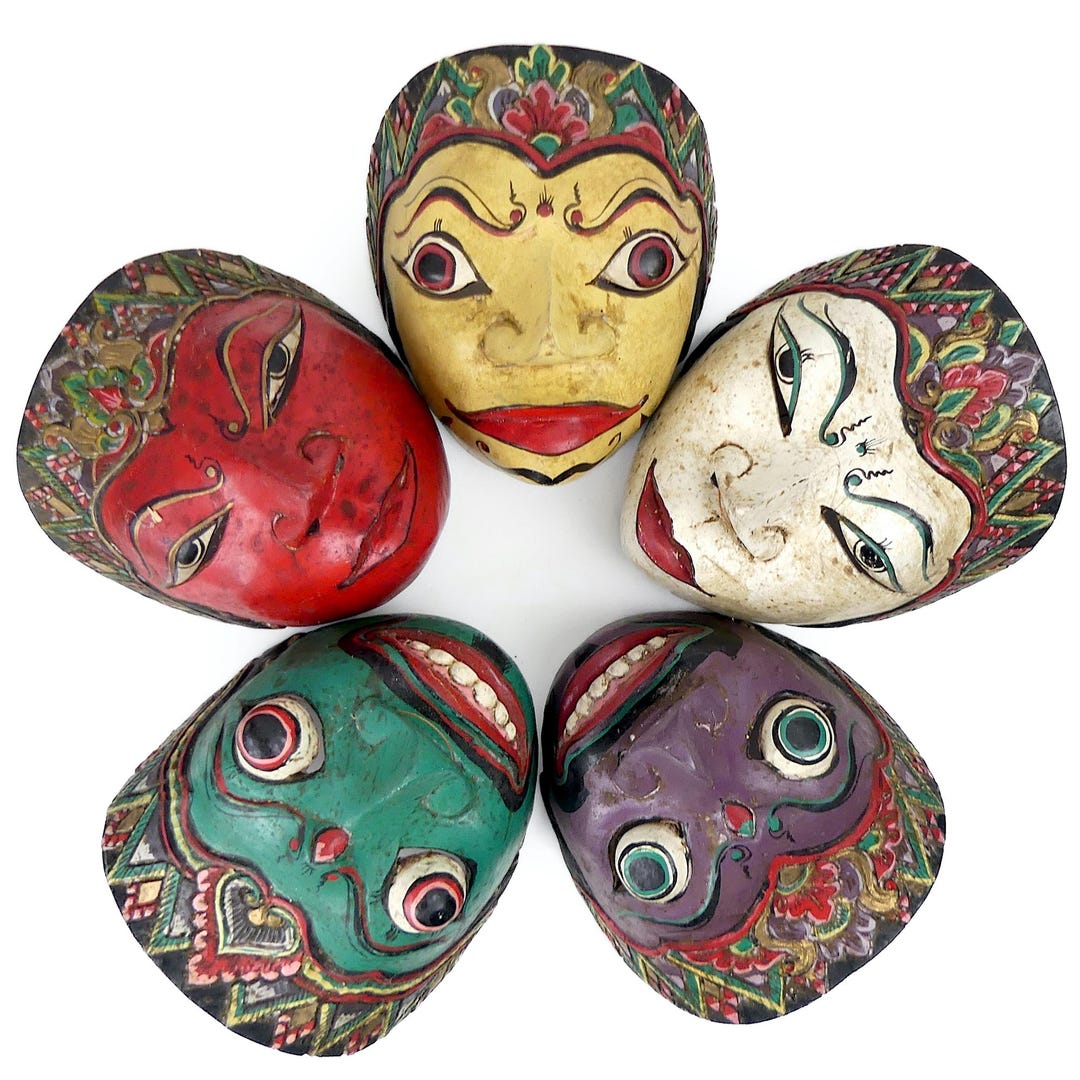 Five Topeng Masks: Red, Yellow, Green, White, and Purple - Ethnic ...