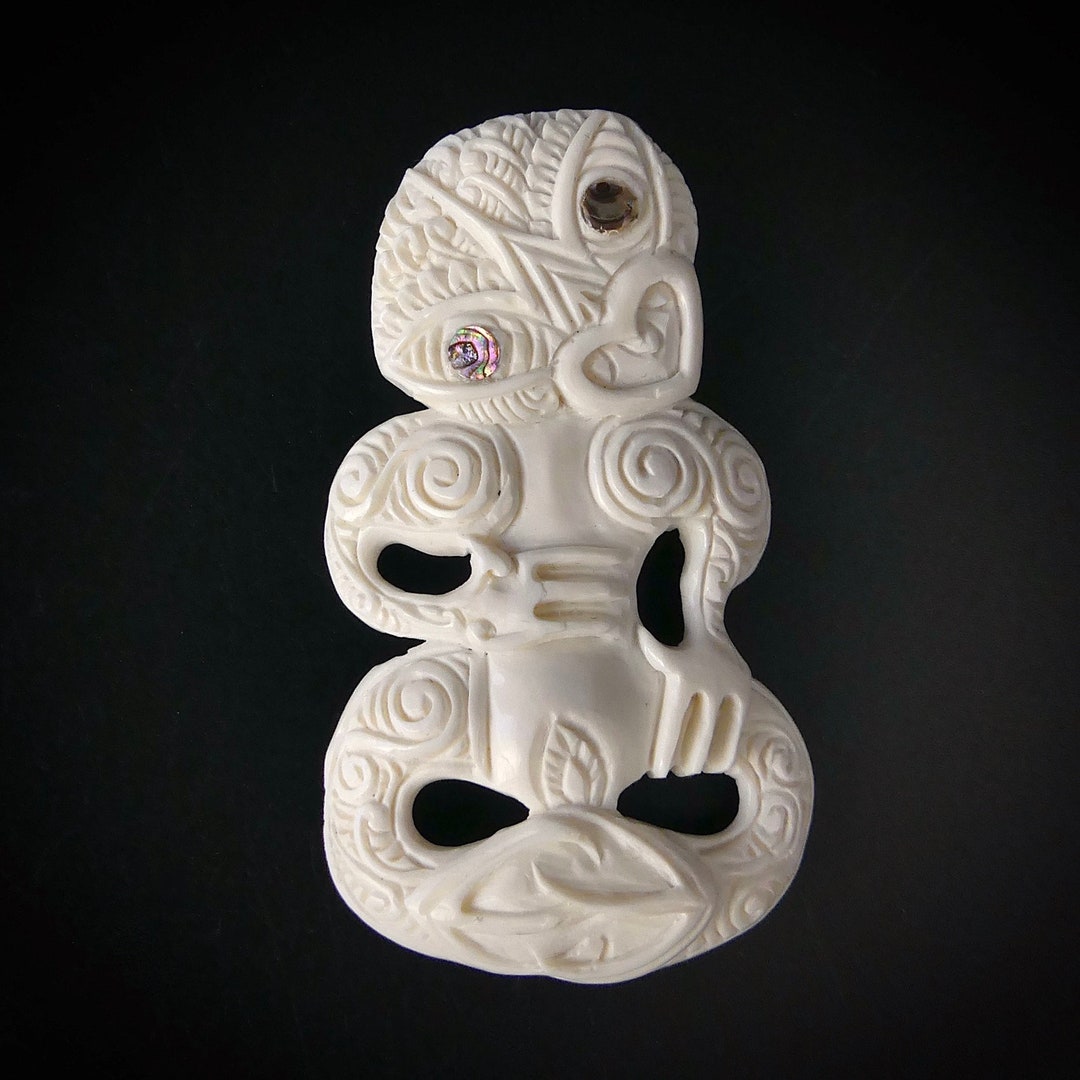 Maori Carved Bone and Abalone Hei Tiki Pendant - Maori Jewelery - New ...