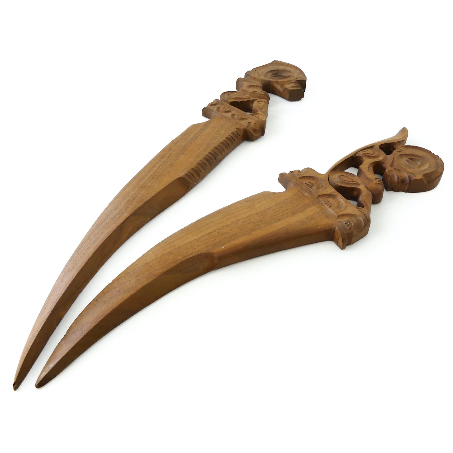 Two Miro Tiki Knives Carved on One Side - Polynesian Craftsmanship ...