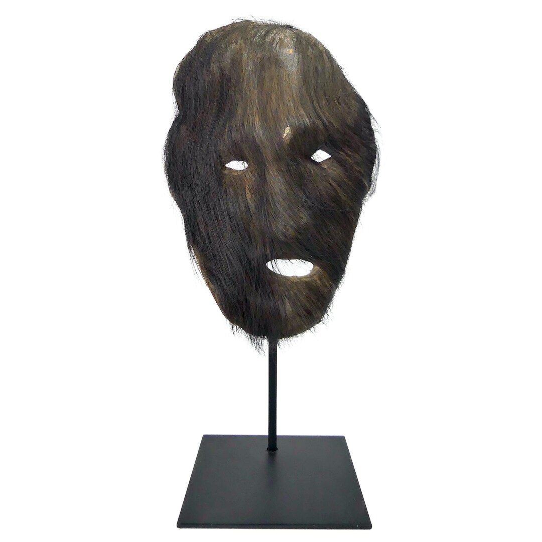 Gurung Shaman Mask in Leather and Yak Hair on Black Metal Base ...