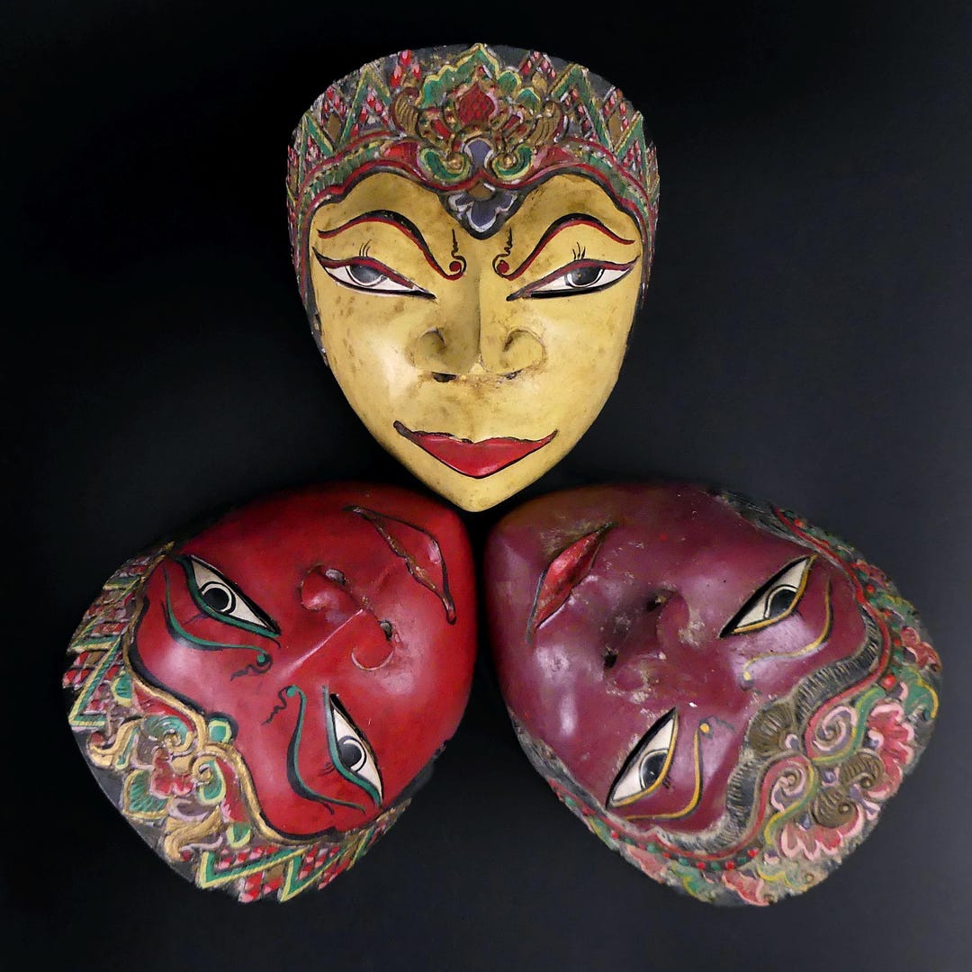 Three Topeng Masks Red, Yellow and Purple Ethnic Collection Java ...
